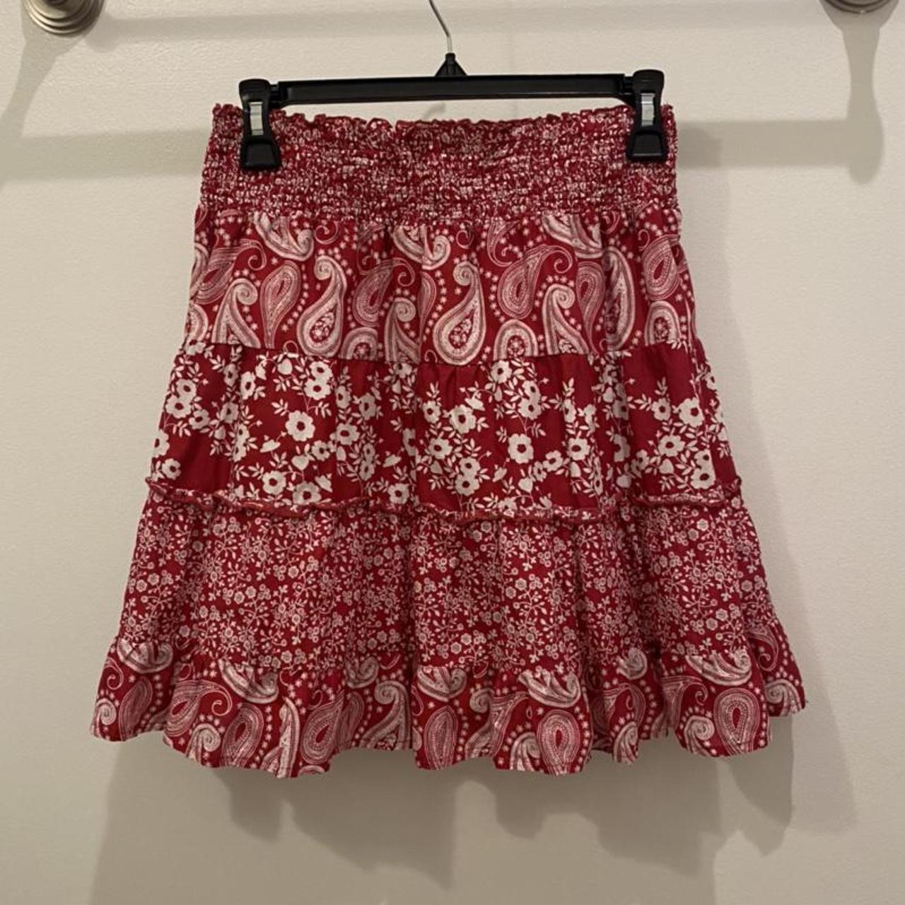 Red and white patterned skirt, soo cute and comfy!... - Depop