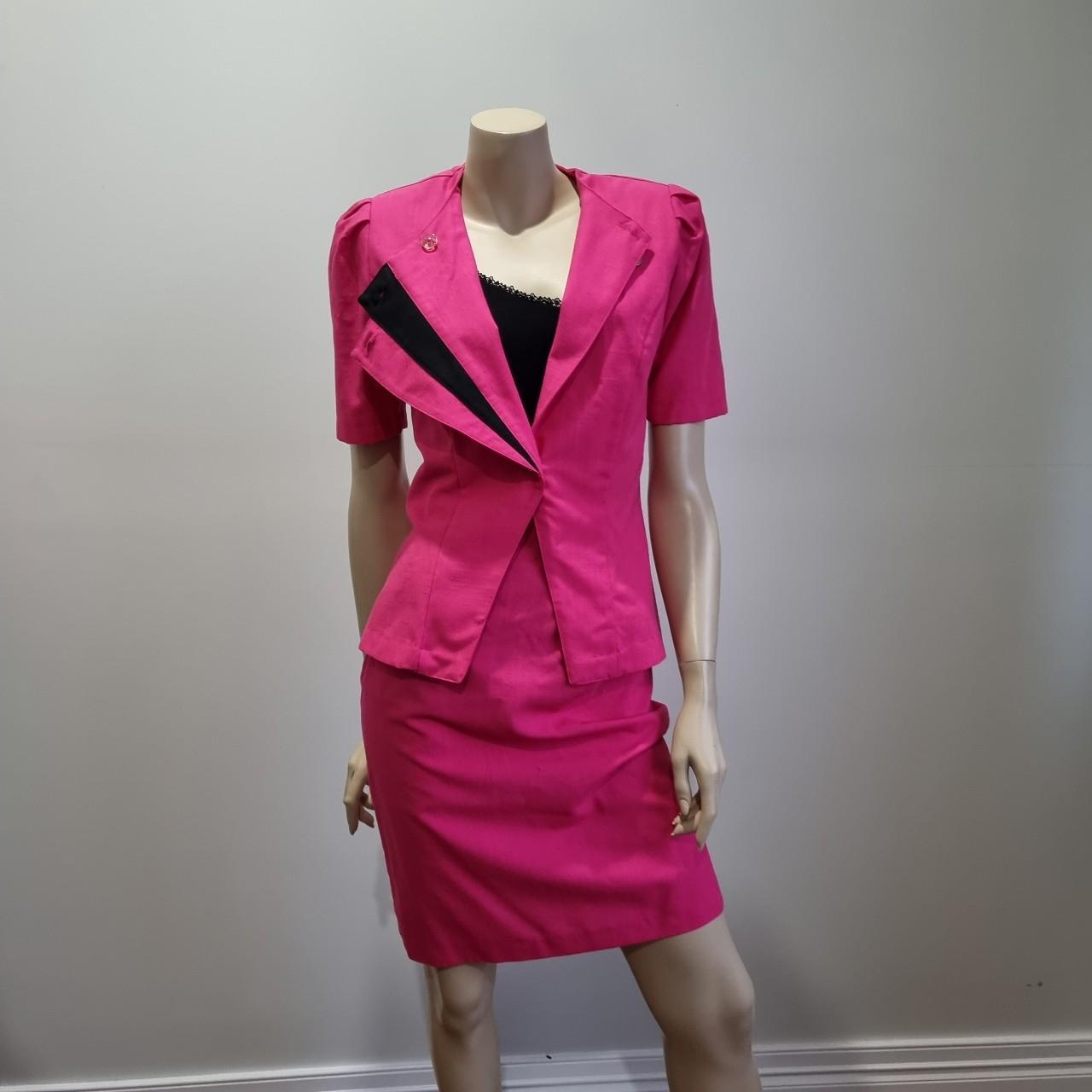 Powerhouse 80's pink skirt suit with striking black... - Depop