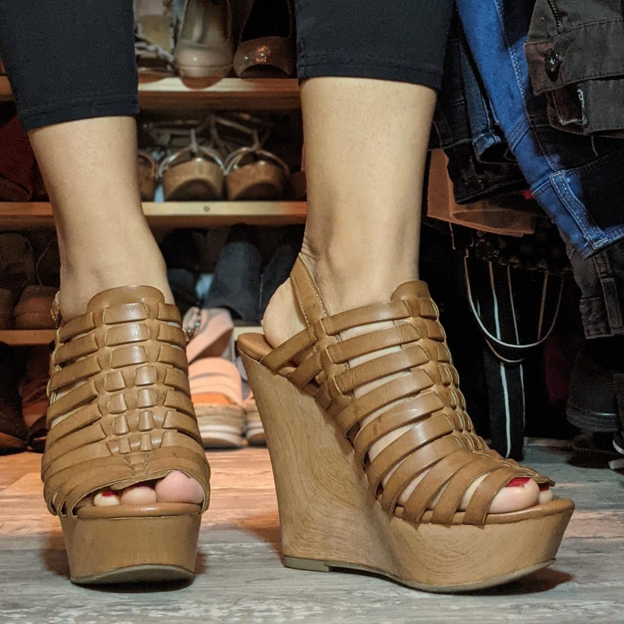 Brown leather wedge heel. Gently used. Size 7. - Depop