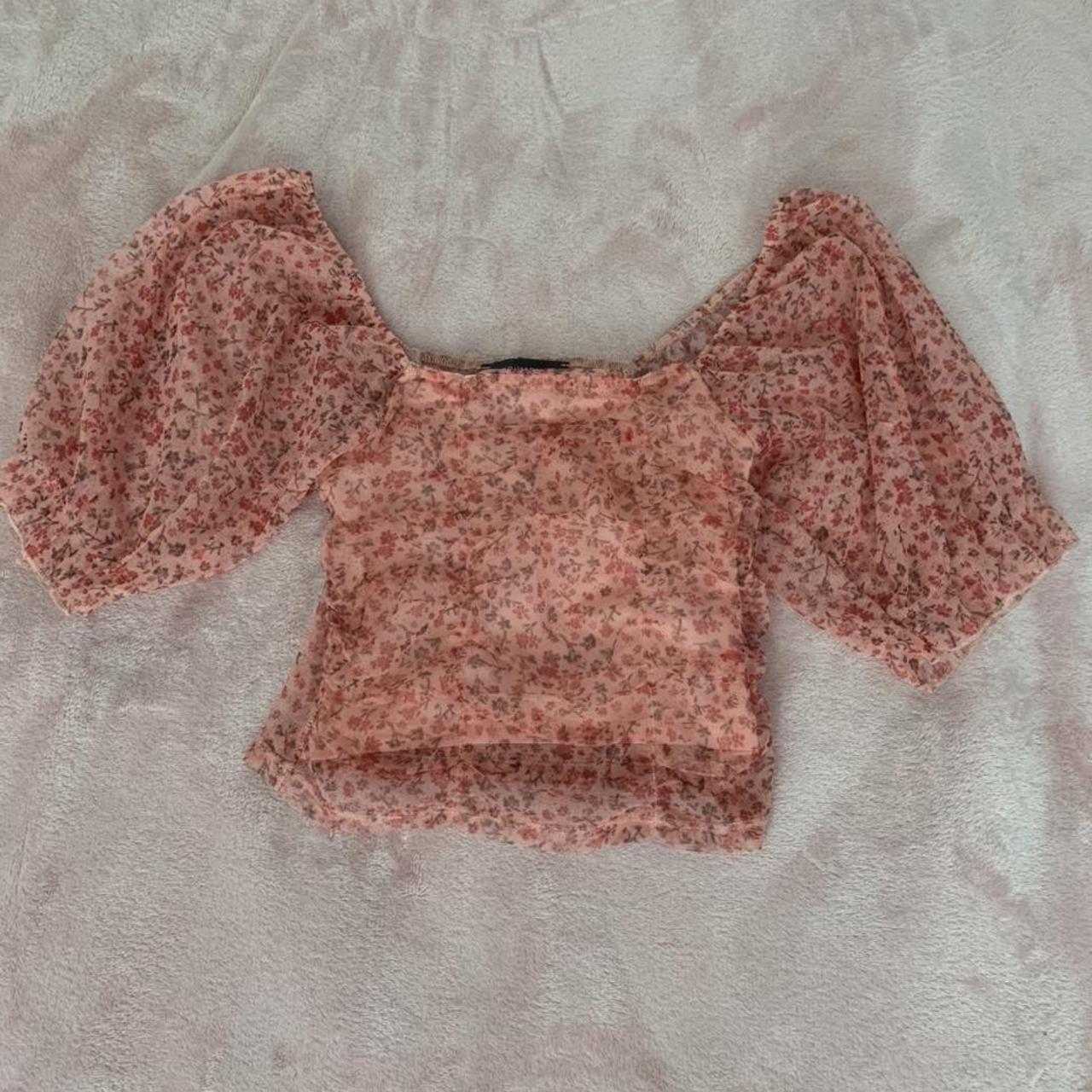 Primark UK XS blush pink flowery mesh crop top.... - Depop