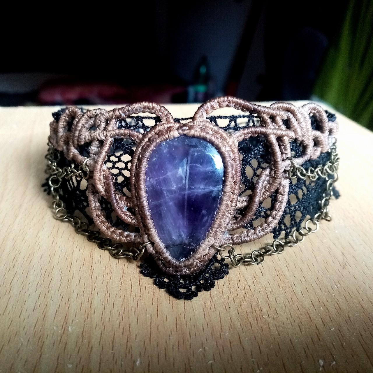 Handmade macramé Goth Victorian choker with Amethyst... - Depop
