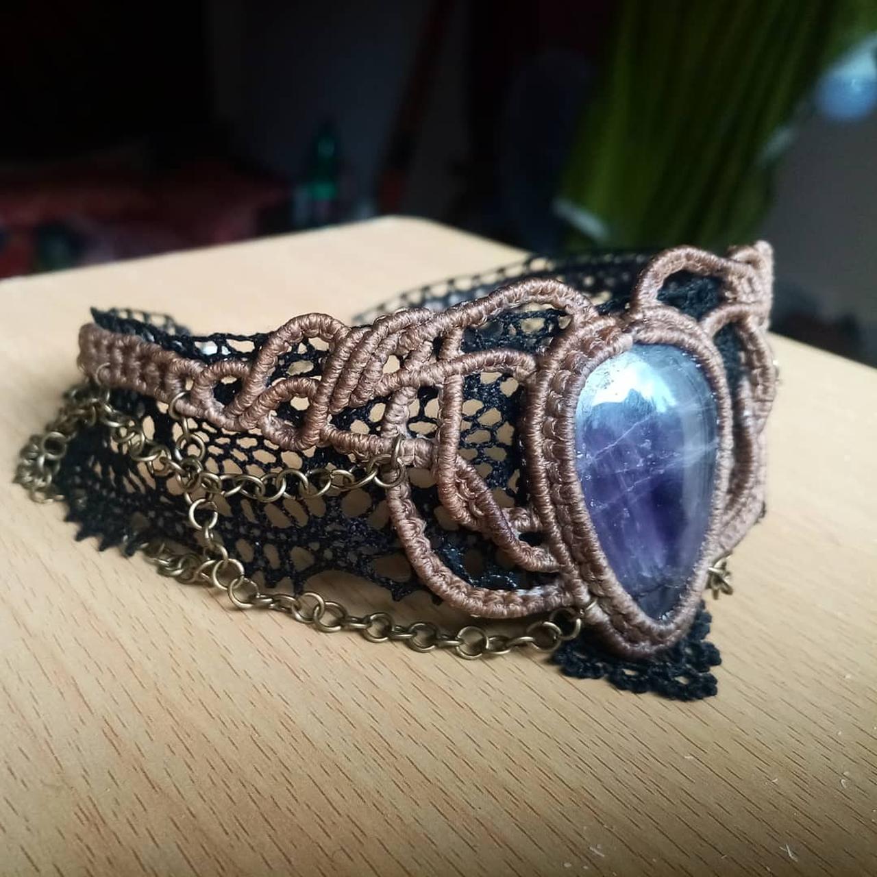 Handmade macramé Goth Victorian choker with Amethyst... - Depop