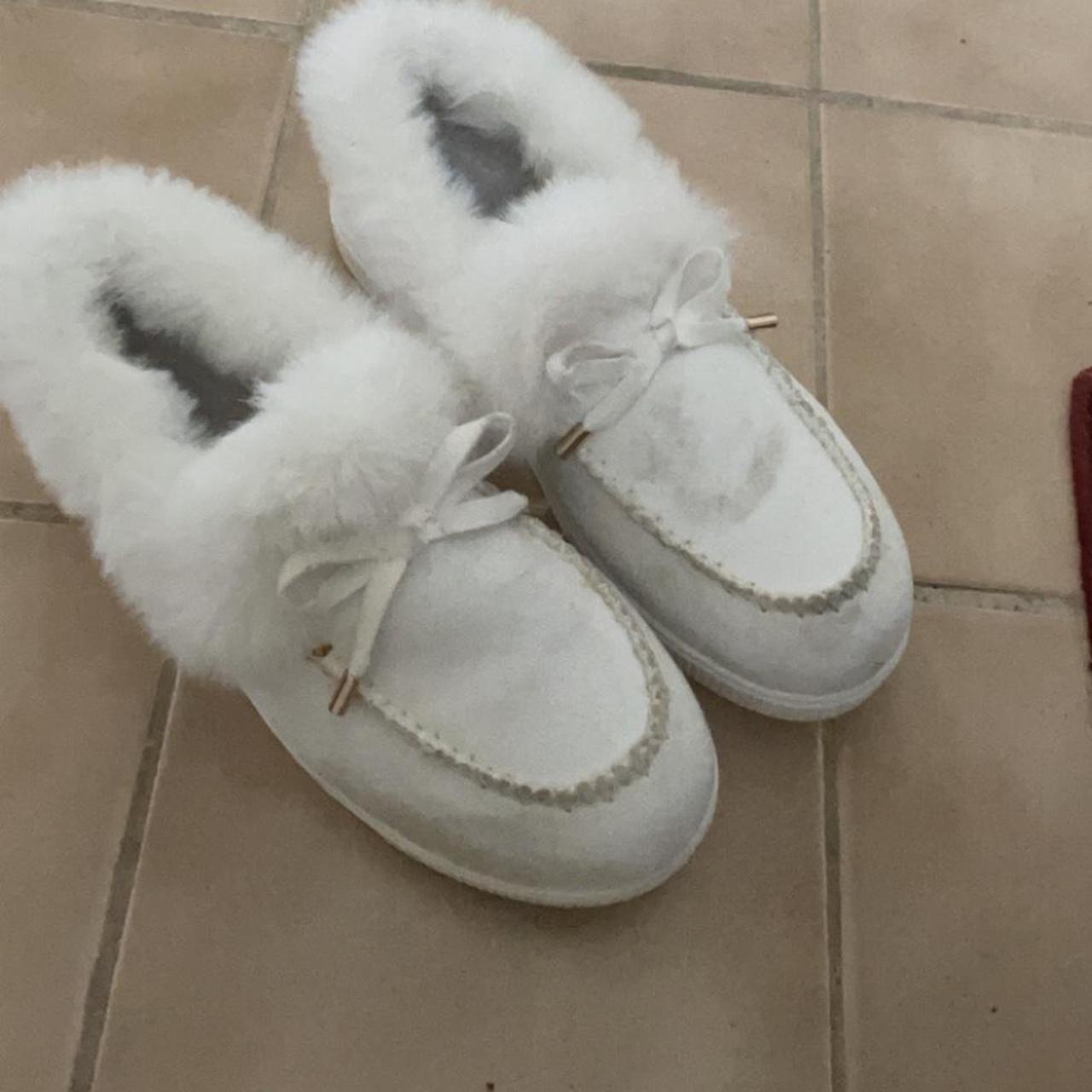 White fluffy slipper type shoes. Has a heel worn... - Depop