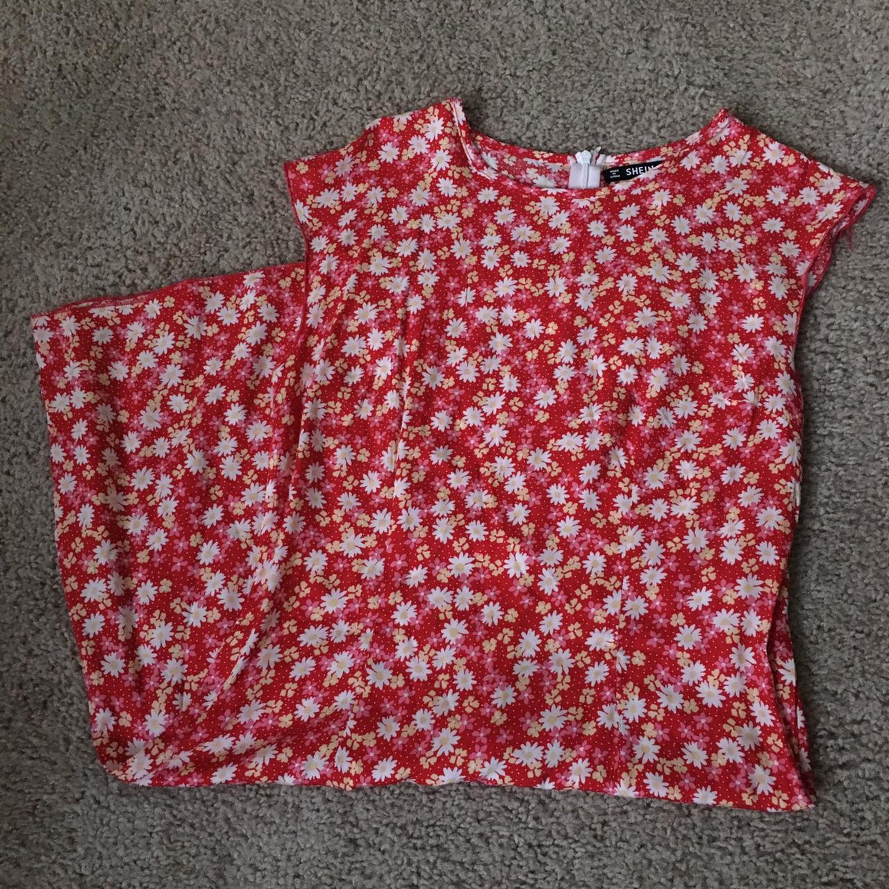 Shein Red Daisy Floral Print Zip Up Mini Dress... - Depop