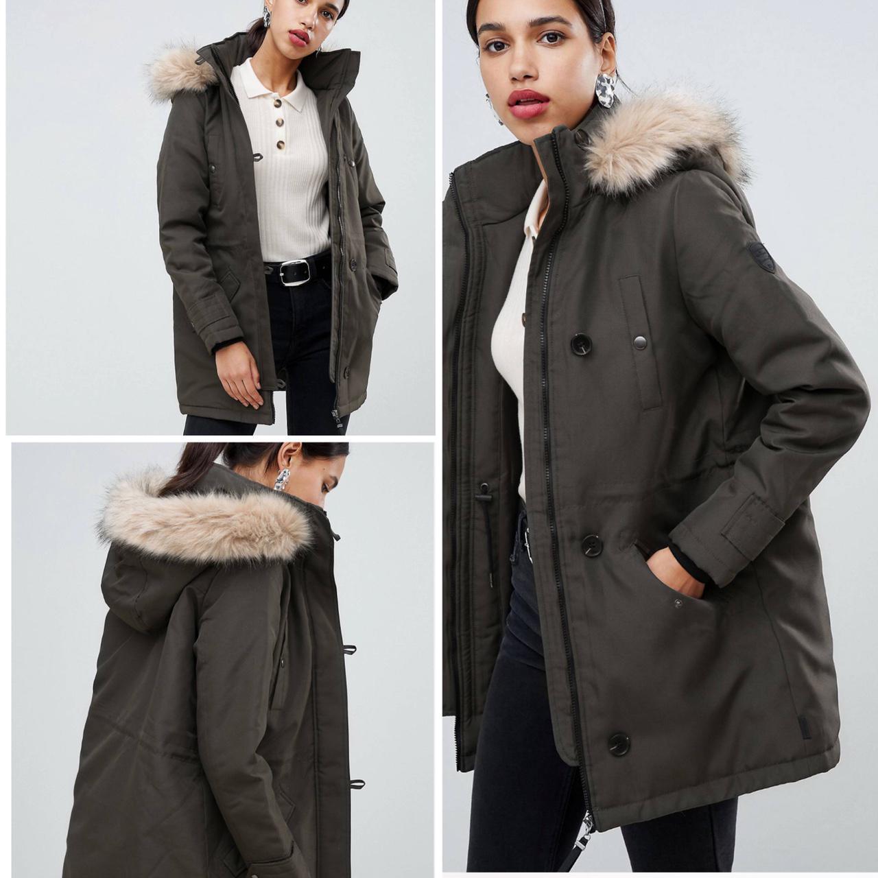 Vera Moda khaki green parka with fur hood, in... - Depop
