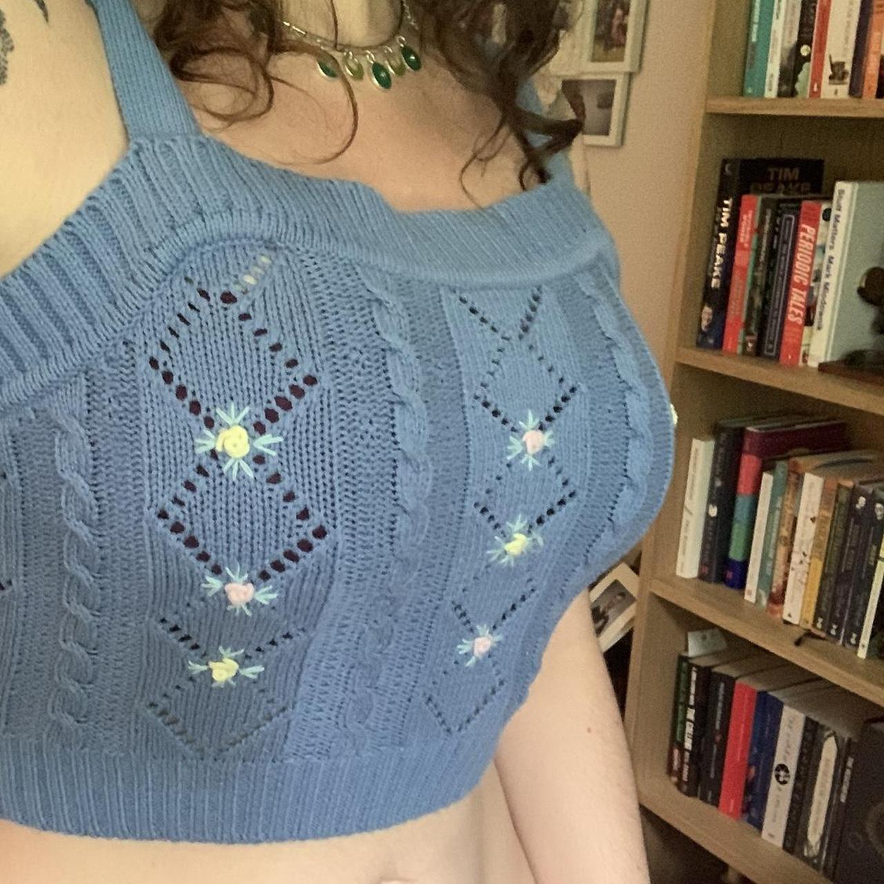 Blue floral knitted crop top from Cider. This looks... - Depop