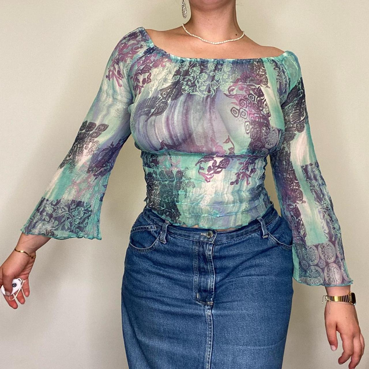90s 00s crinkle off the shoulder top with bell... - Depop