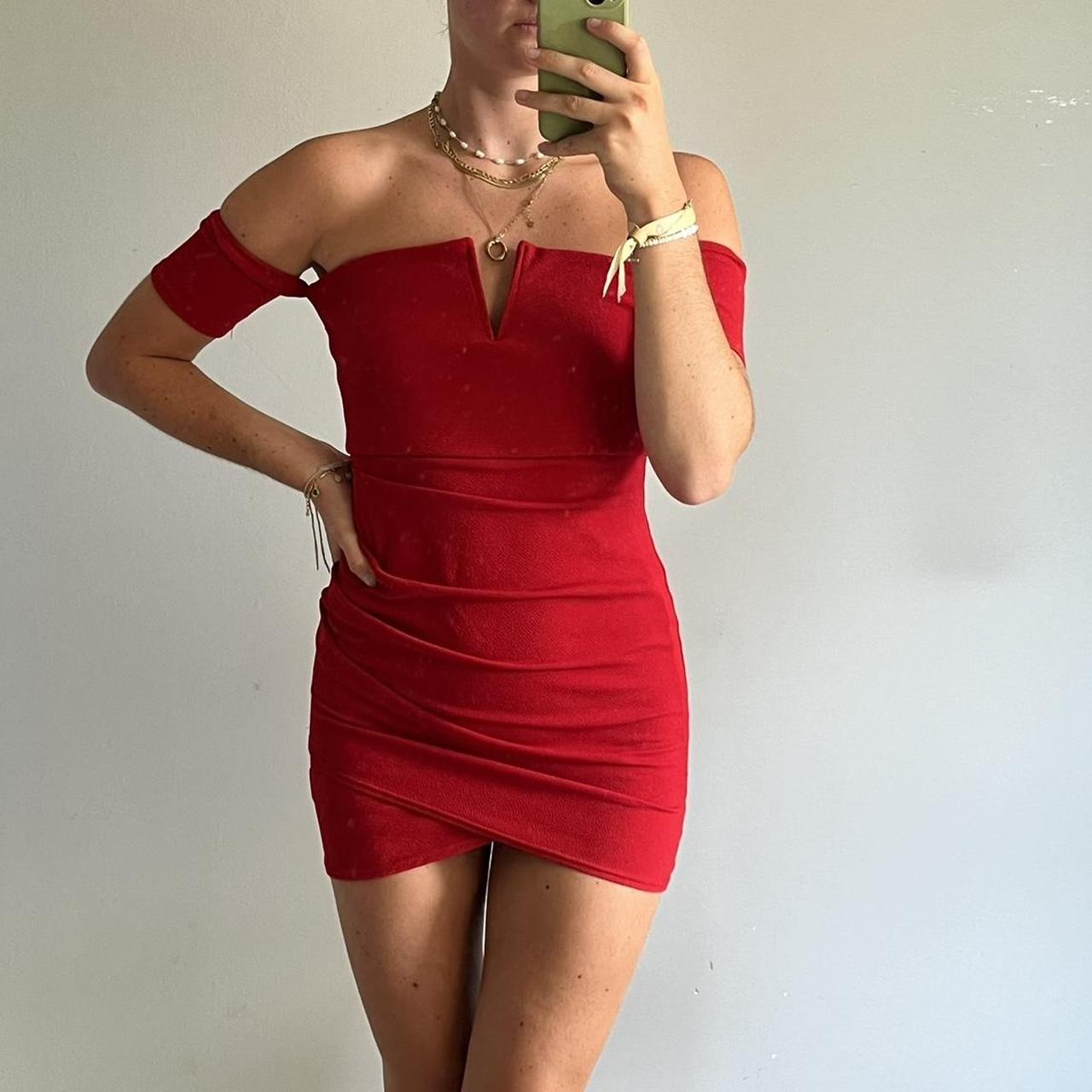 Y2k red dress Red bodycon dress red off-shoulder... - Depop