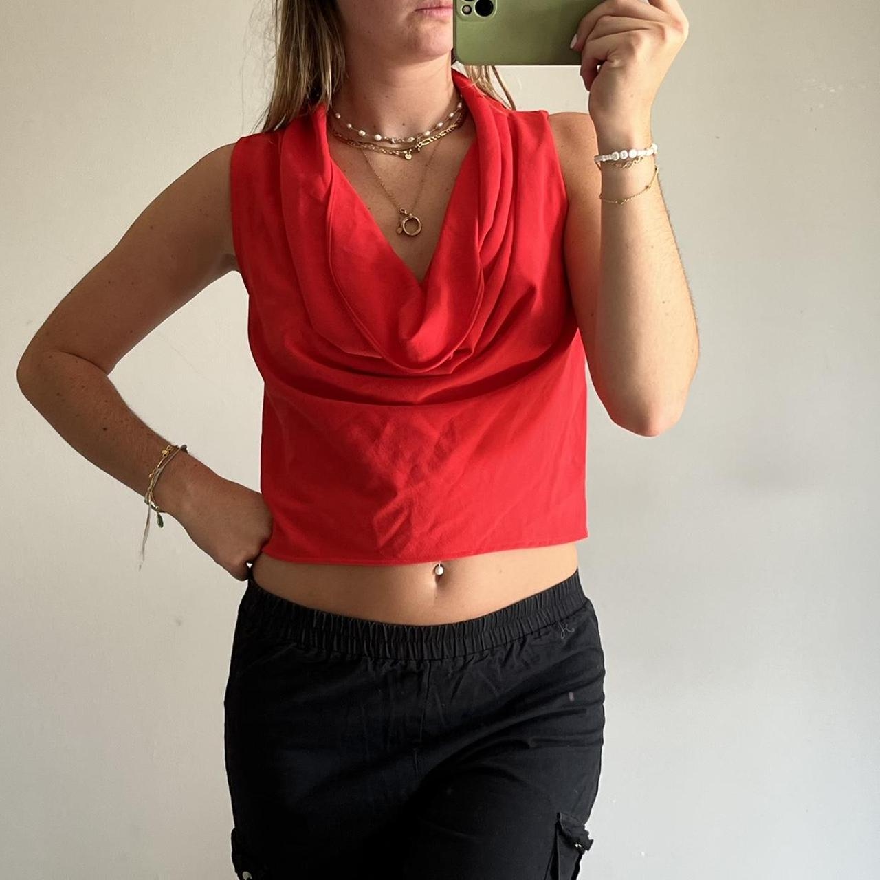 Y2k red top / red cowl neck top / red scoop neck top... - Depop