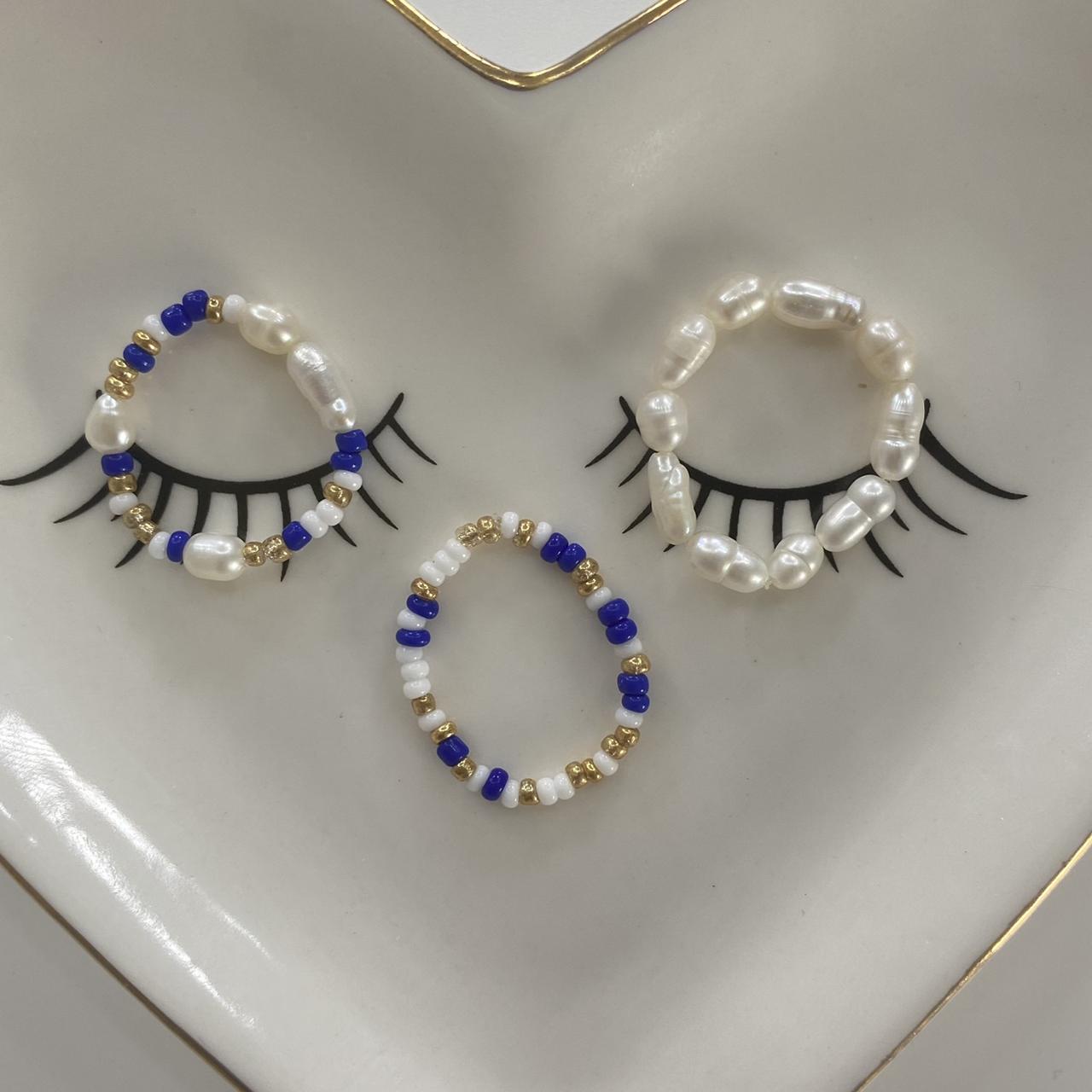 Stretchy blue beaded rice pearl ring set 💙- great... - Depop