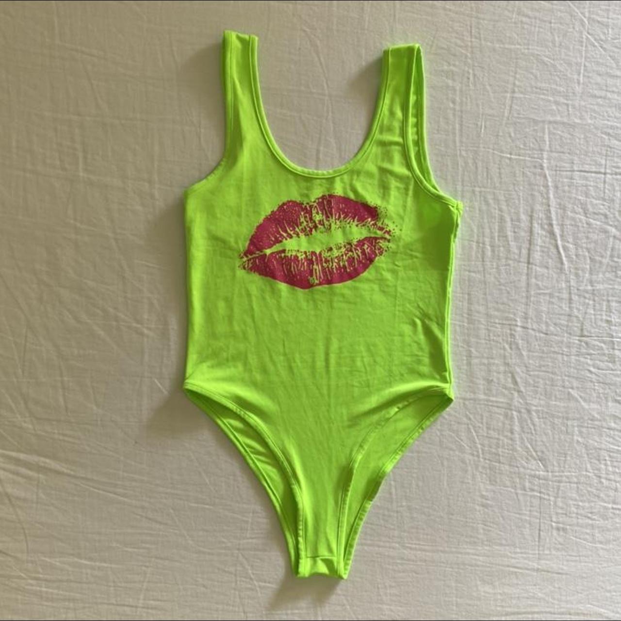 Y2K Kiss Hot Pink Neon Green One Piece Bikini... - Depop
