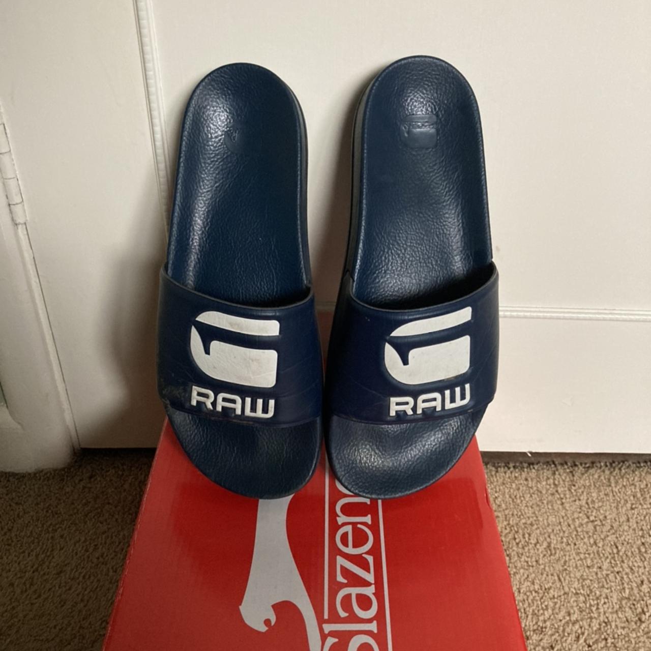 Adidas Men's Navy and White Slides | Depop