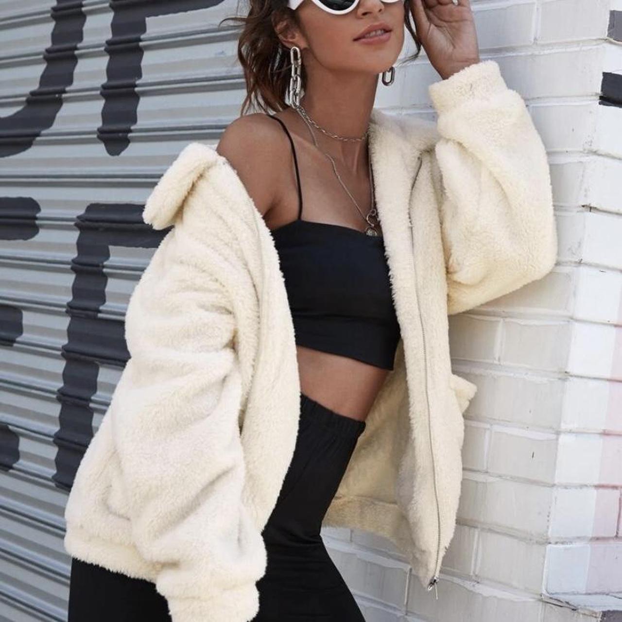 SHEIN Drop Shoulder Patch Pocket Zipper Up Teddy... - Depop