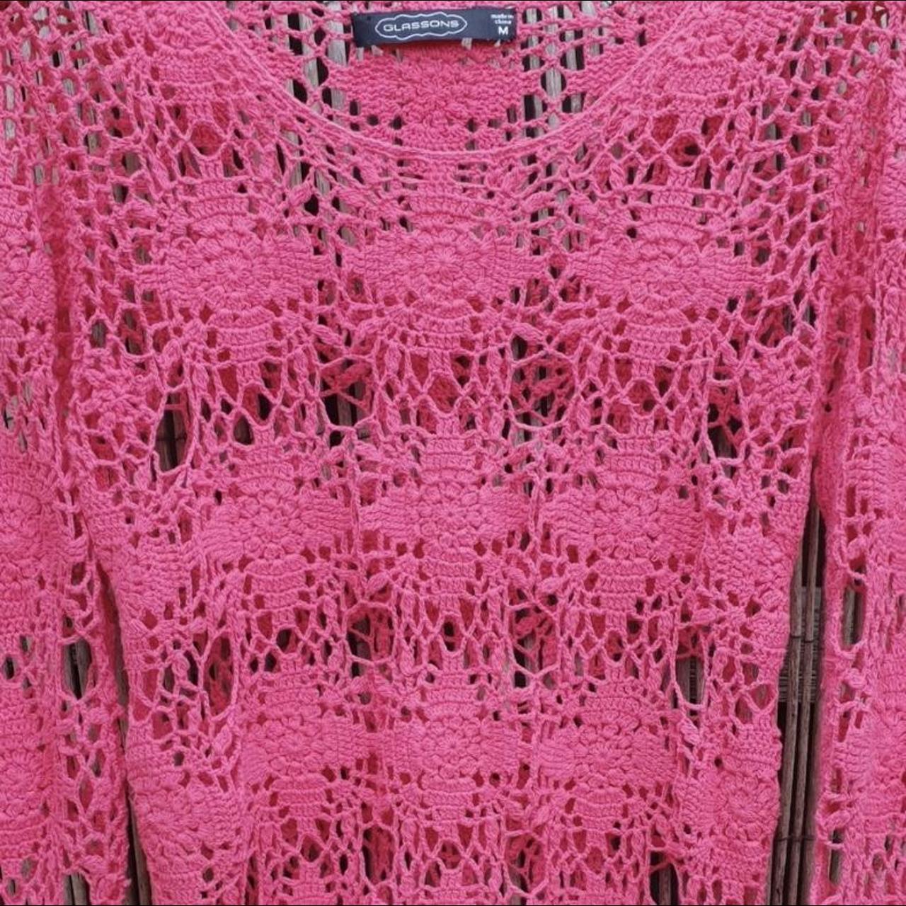 🕊 Pink crochet long sleeve mini dress • Size M,... - Depop