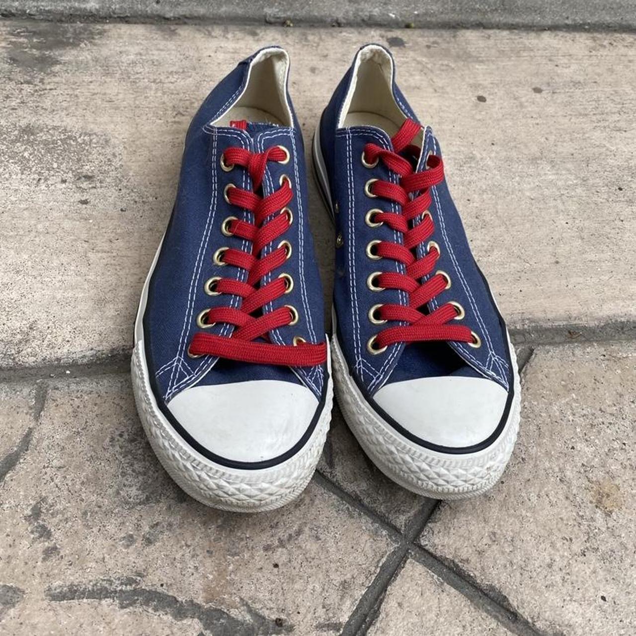 Custom Navy blue low top converse with red laces... - Depop