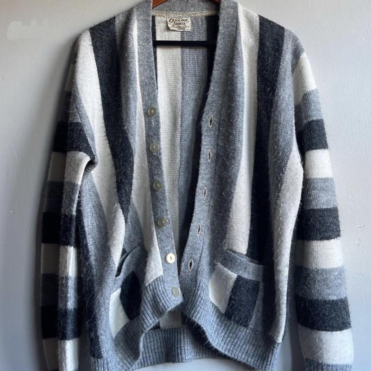Vintage 1960s striped shaggy acrylic cardigan This... - Depop