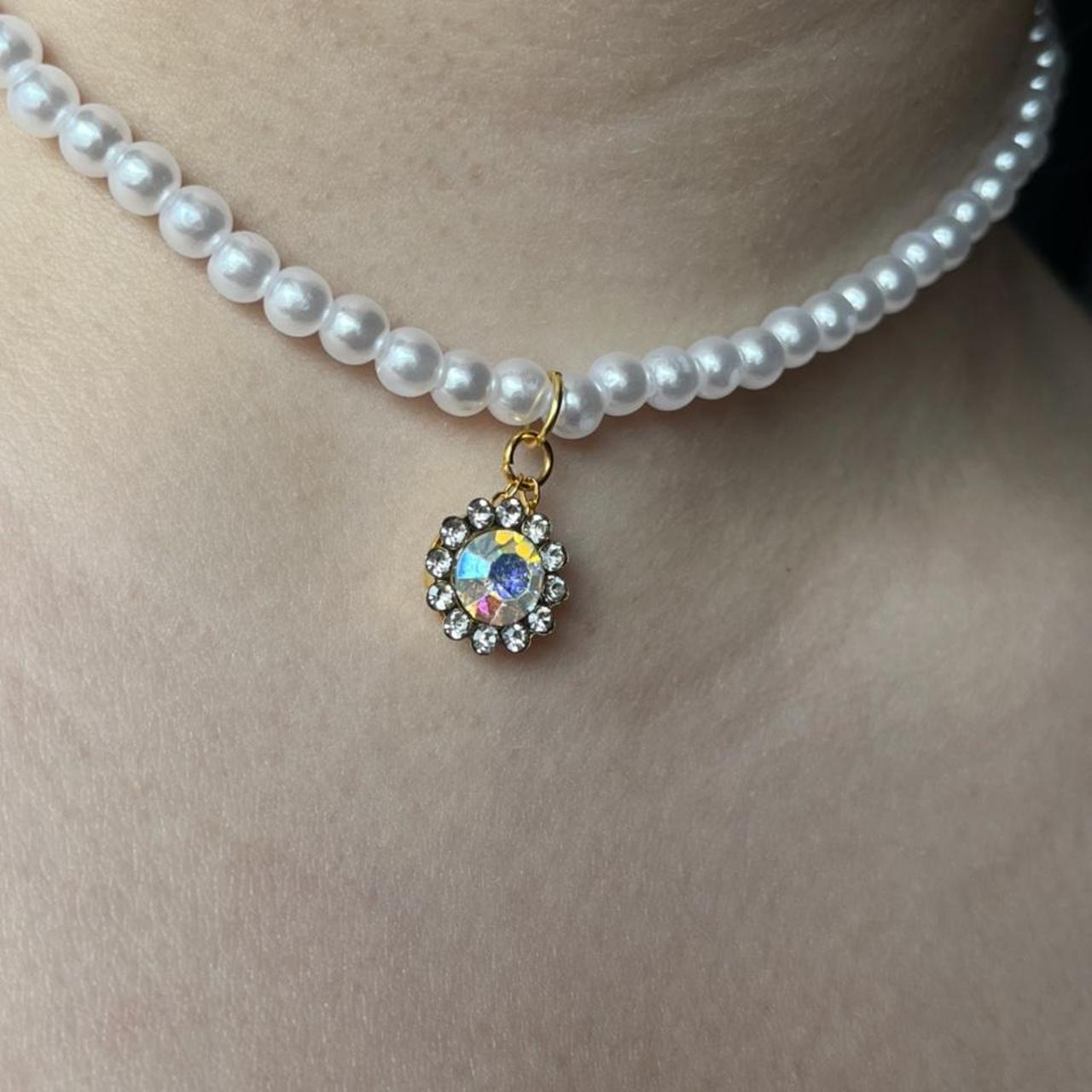 Iridescent Crystal Pearl Necklace Choker... - Depop