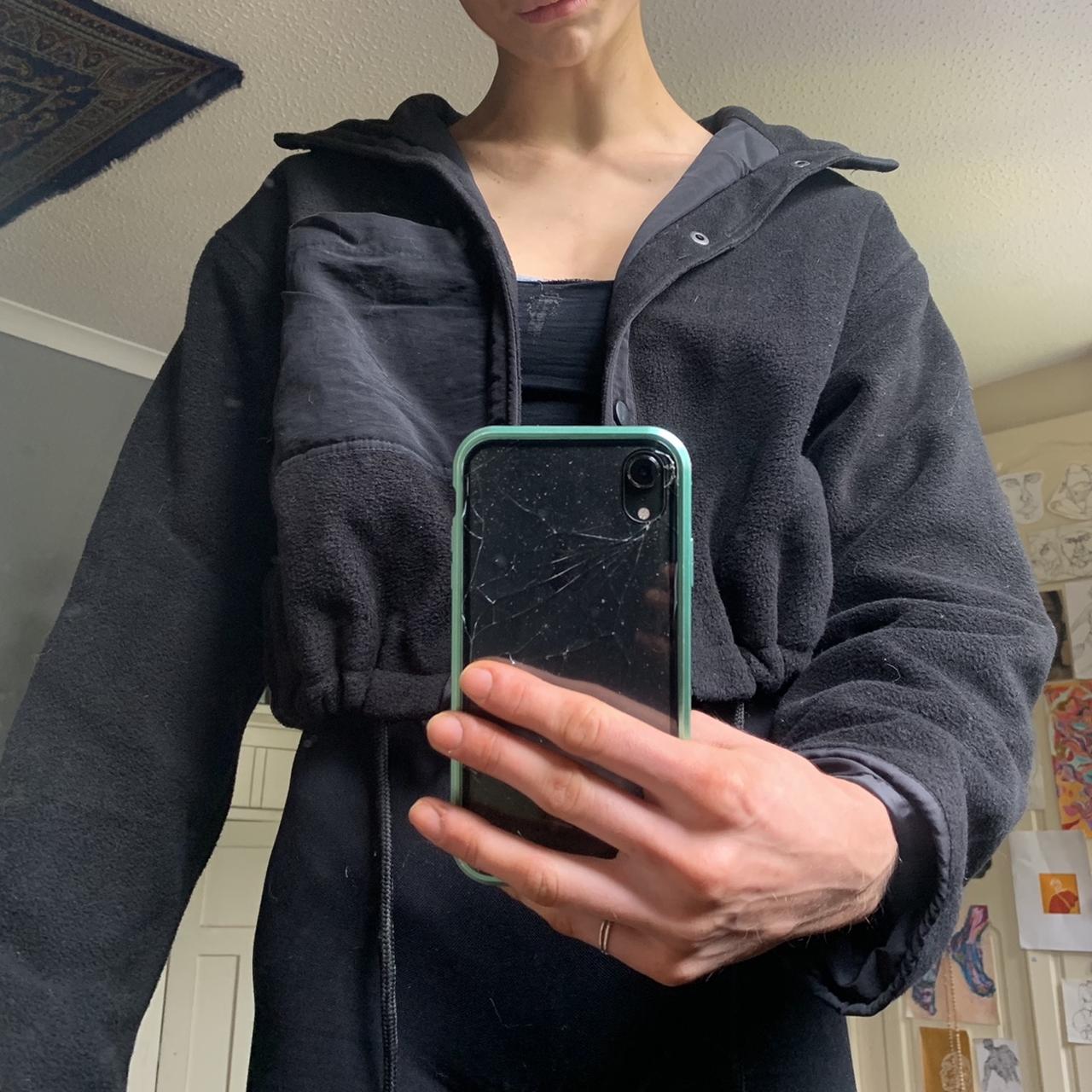 Black cropped fleece jacket with pockets and utility... - Depop