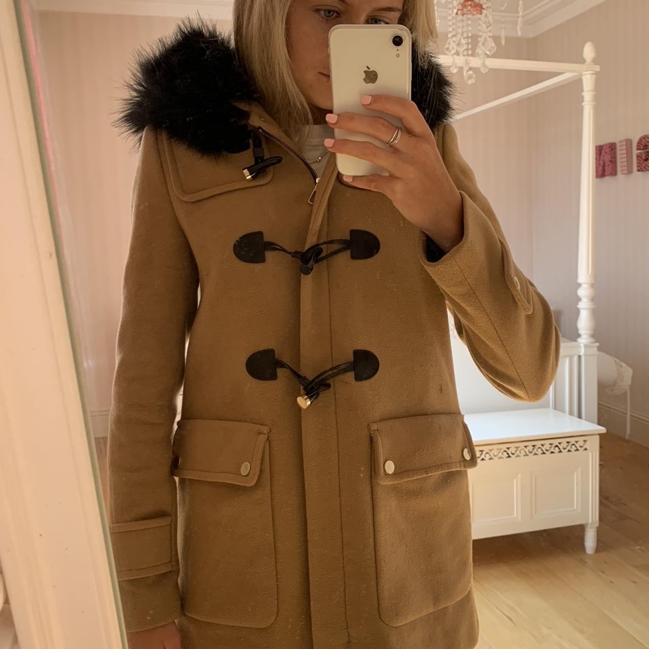 Zara beige/ camel duffle wool coat with fur hood and... - Depop