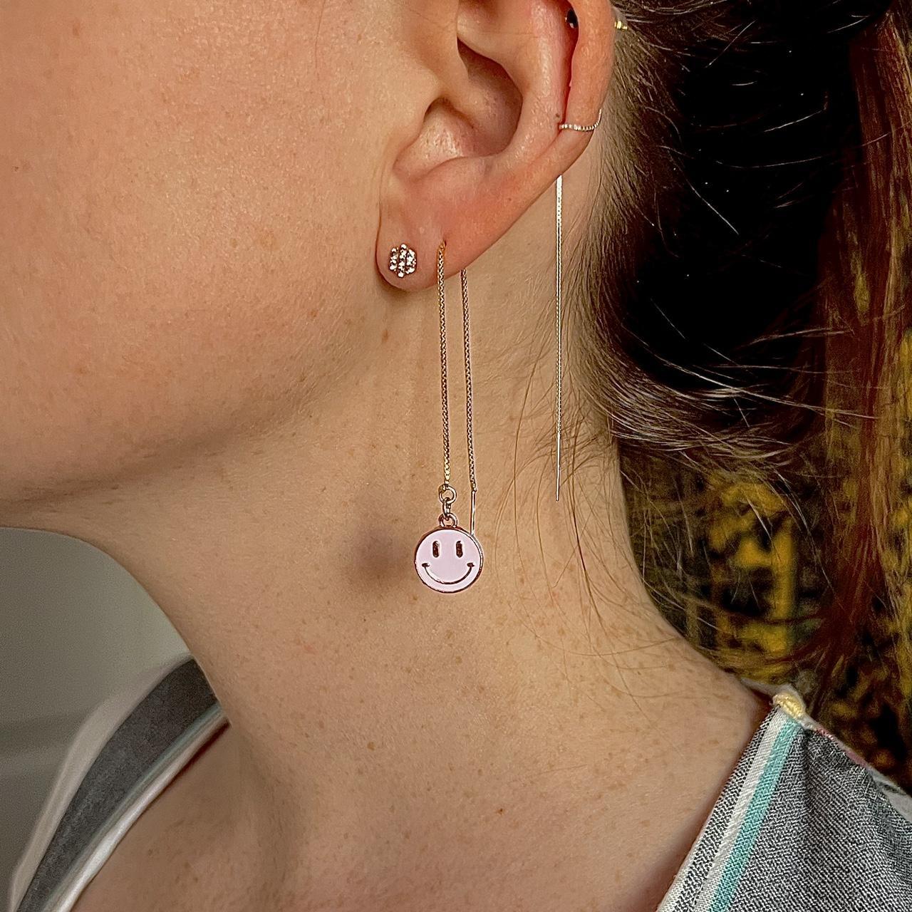 pink smiley face gold threader earring🙃💕4.75 inches... - Depop