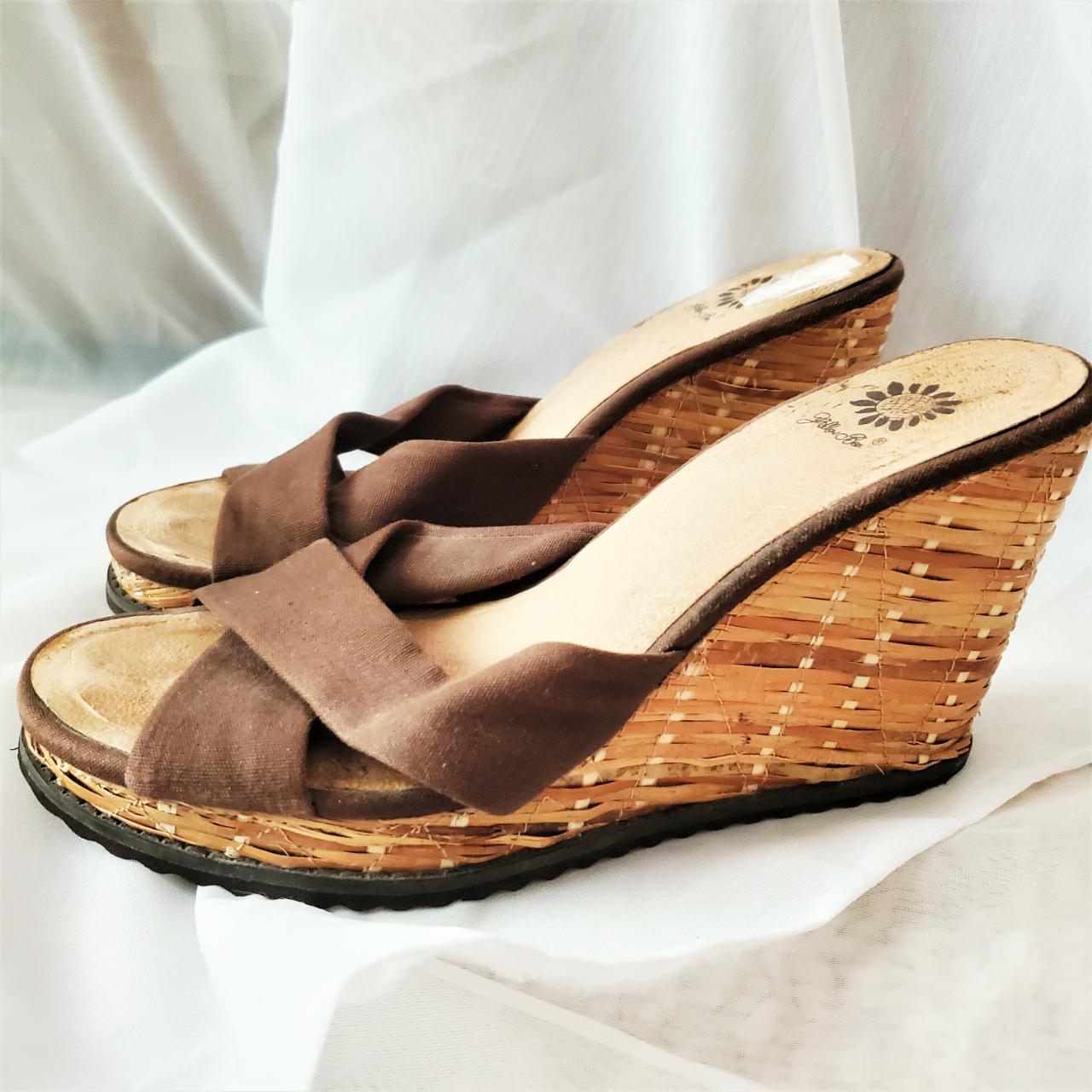 Yellow Box brown y2k wedges with woven heel detail!... - Depop