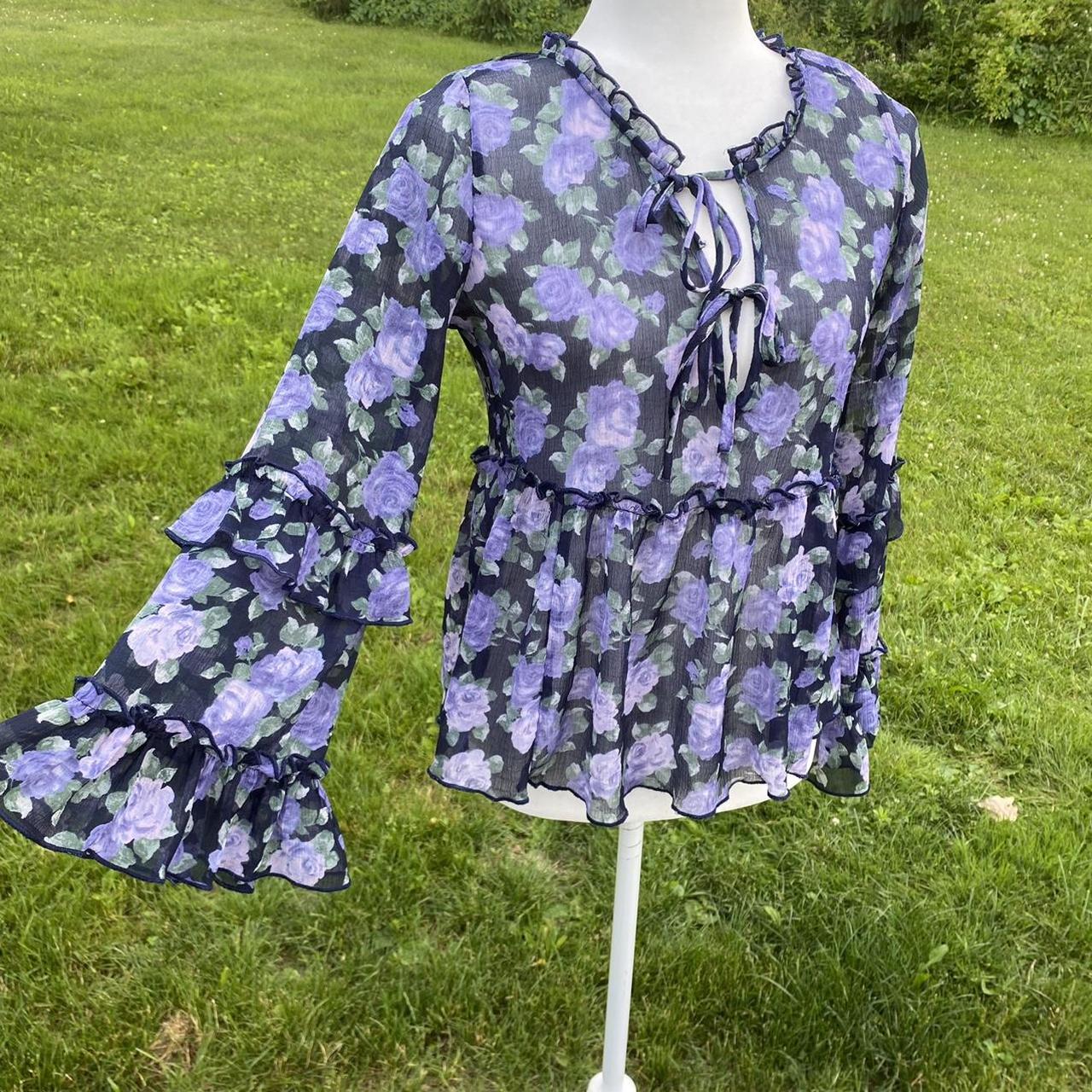 Floral Ruffled Cottage Blouse Navy x lilac rose... - Depop