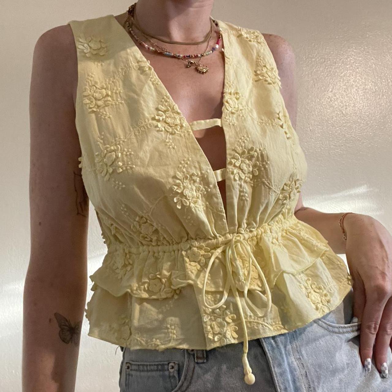 Tularosa yellow embroidered top. Peplum ruffle... - Depop