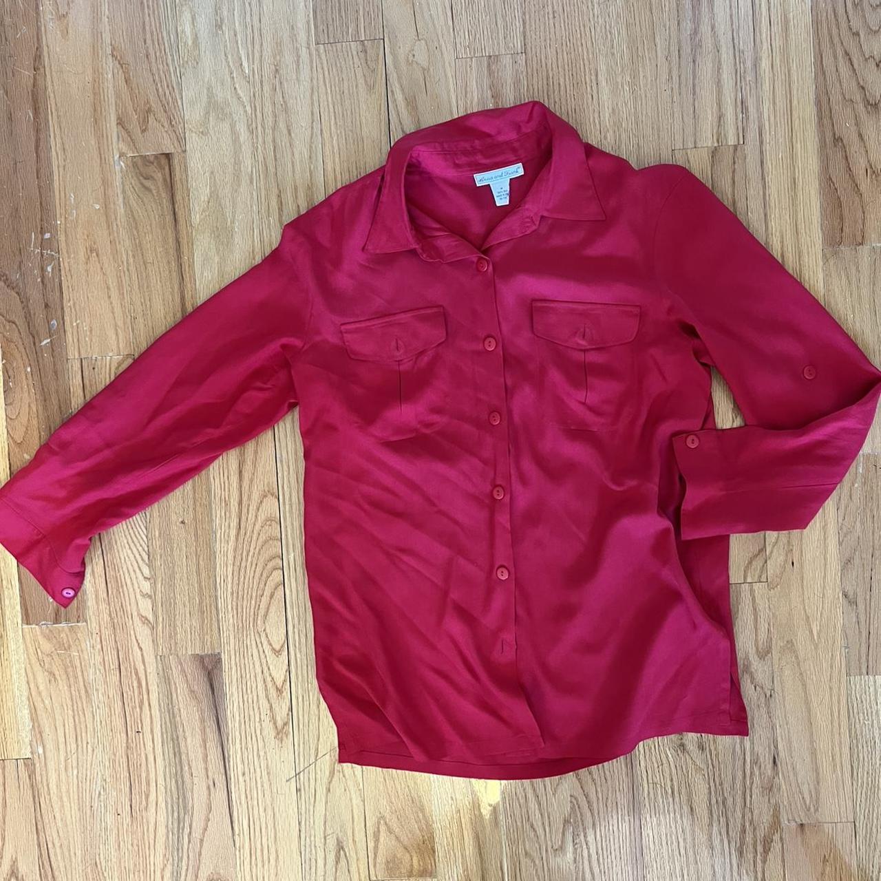 Vintage 100% silk red button up/down long sleeve... - Depop