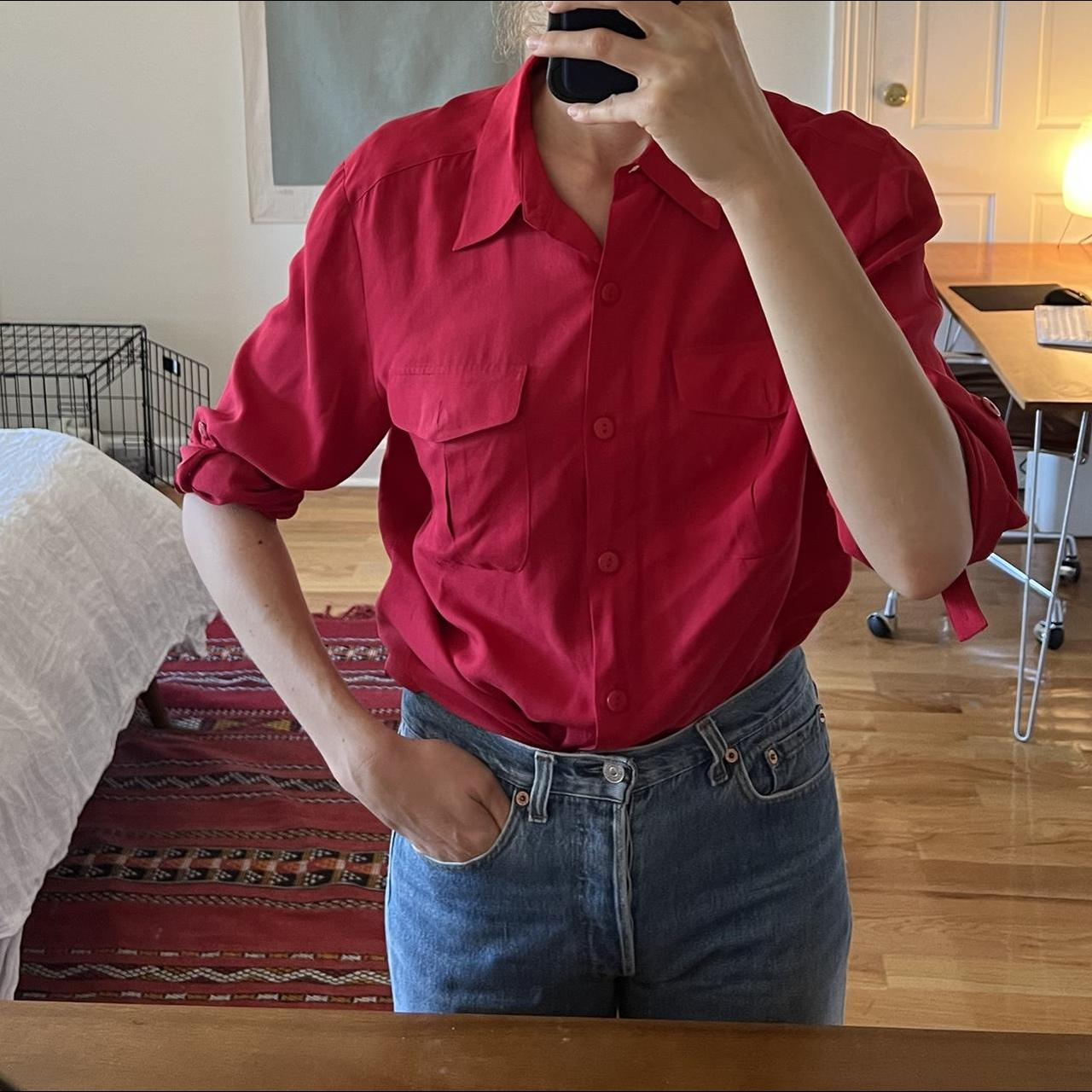 Vintage 100% silk red button up/down long sleeve... - Depop