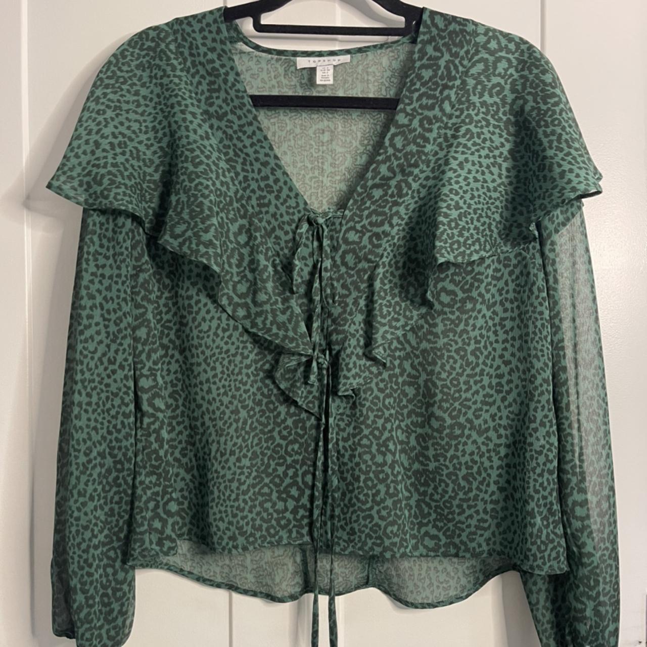 Topshop sheer blouse. Green leopard print. Cute... - Depop