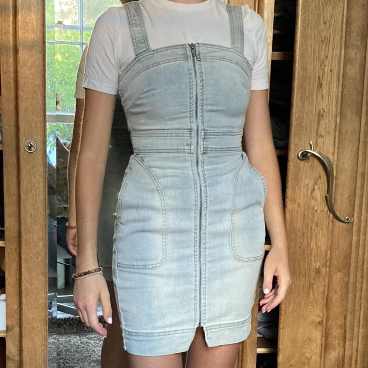 Miss Shop Women's Blue and White Dress | Depop