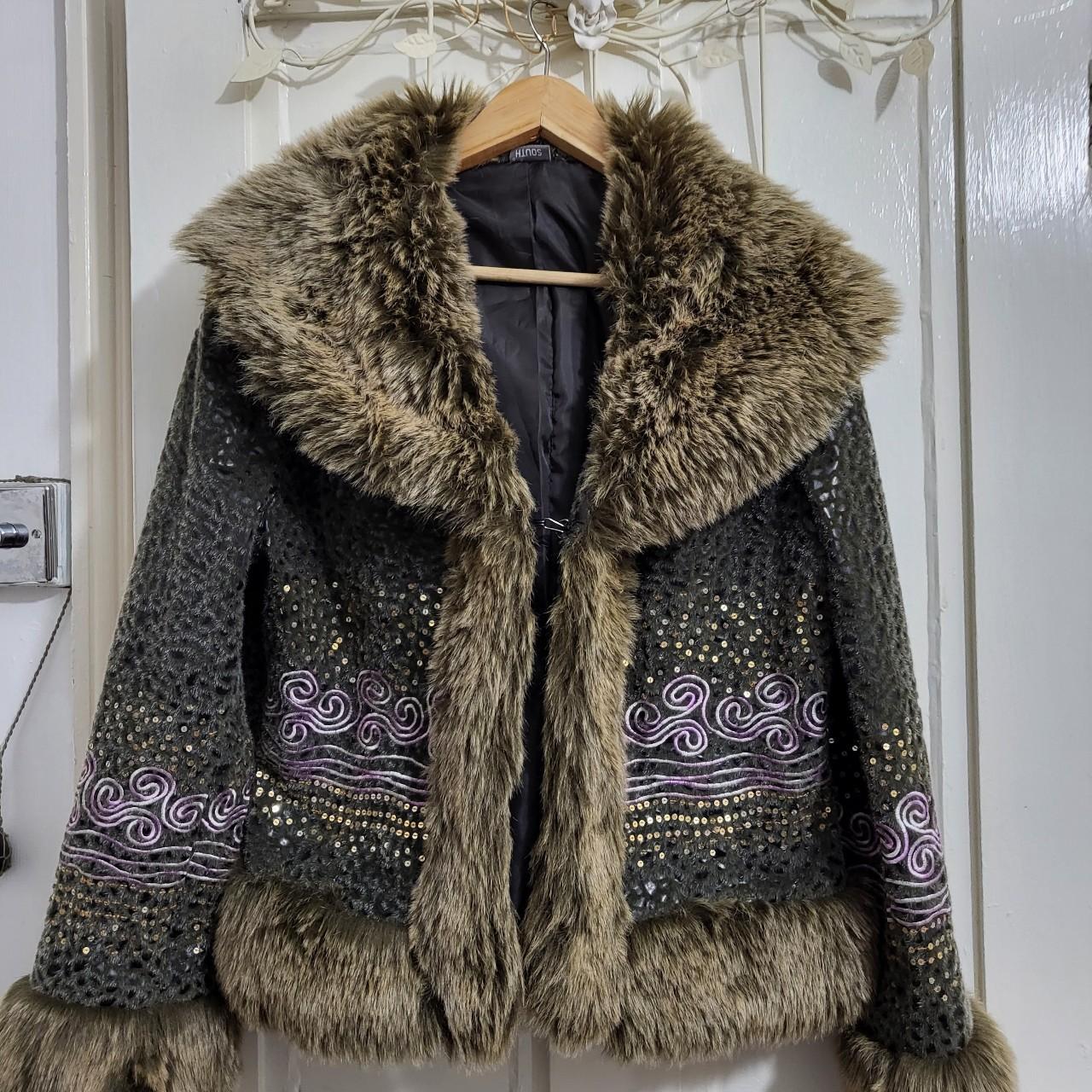 Faux-fur funky short jacket size 12-16 Purple swirls... - Depop