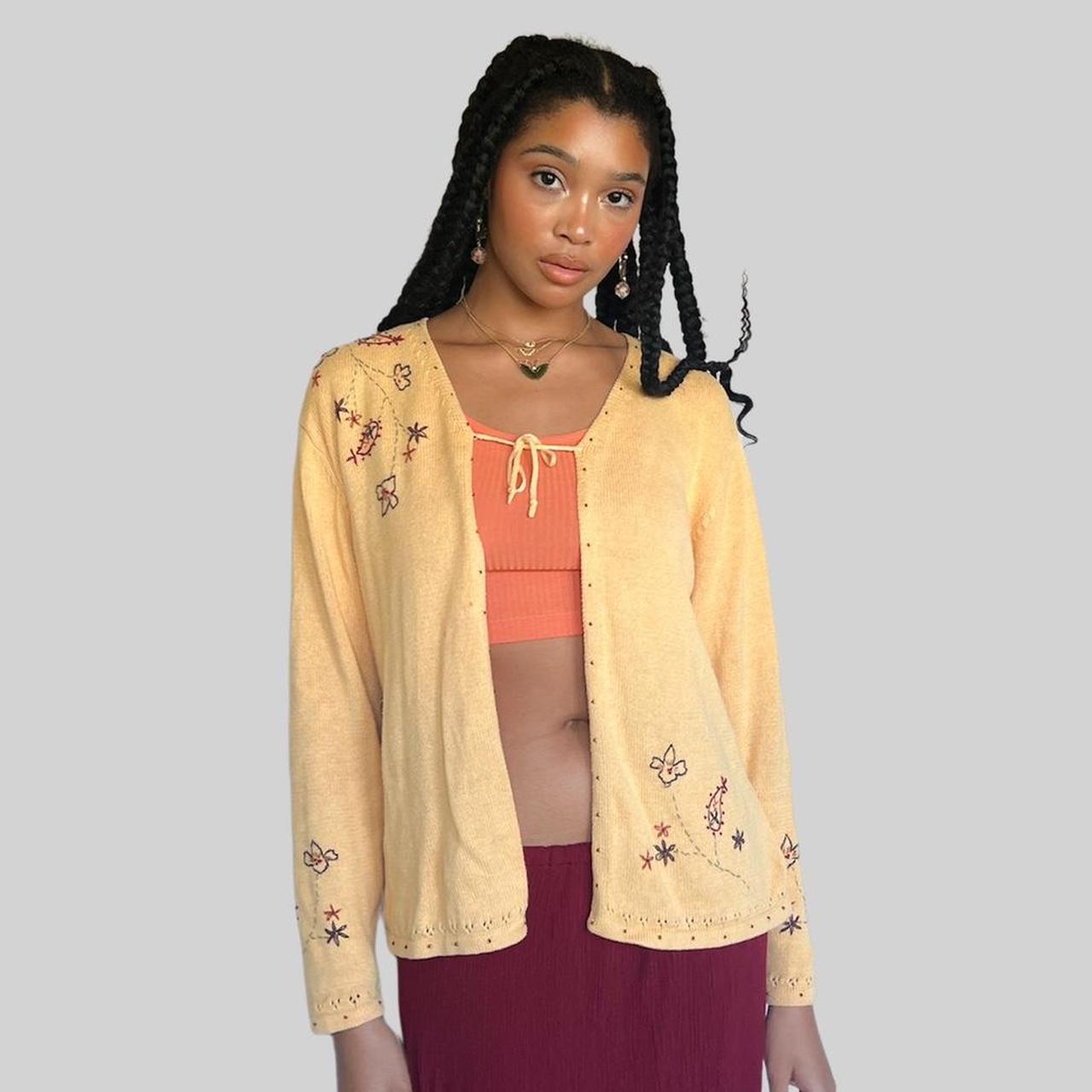 vintage yellow sweater w floral embroidery in fall... - Depop