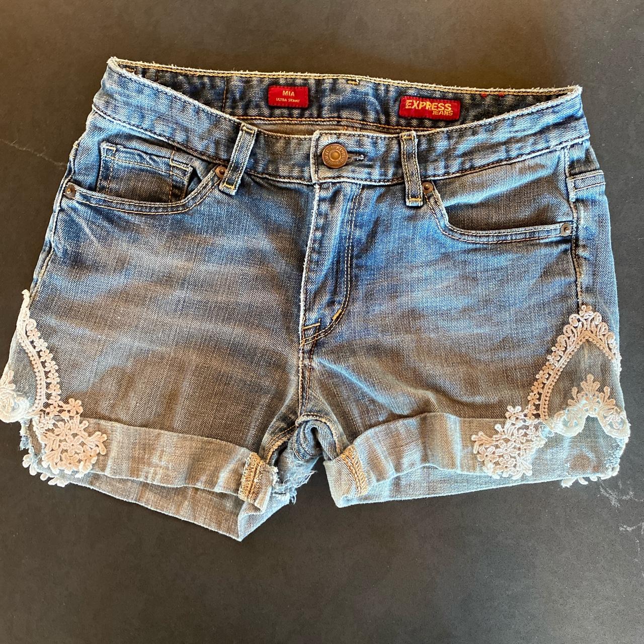 Express bootie shorts faded denim with lace size 4... - Depop