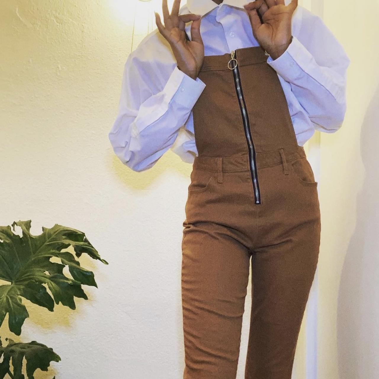 Brown front zip overalls #overalls #denim #coloreddenim | Depop