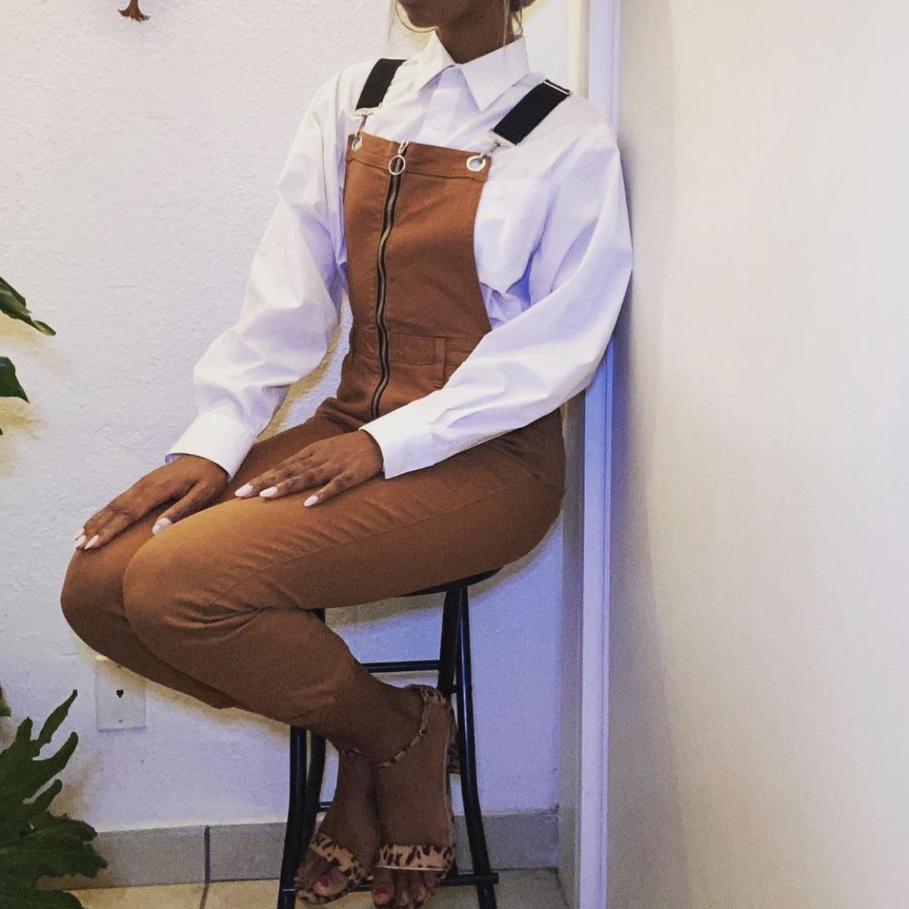 Brown front zip overalls #overalls #denim #coloreddenim | Depop