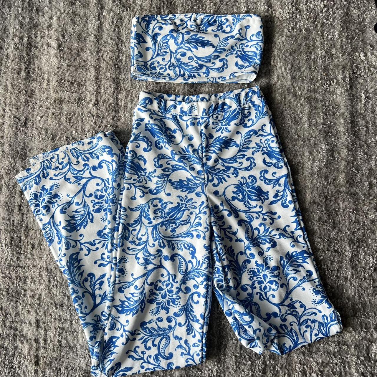 Missguided blue and white 2 piece pant set - Depop