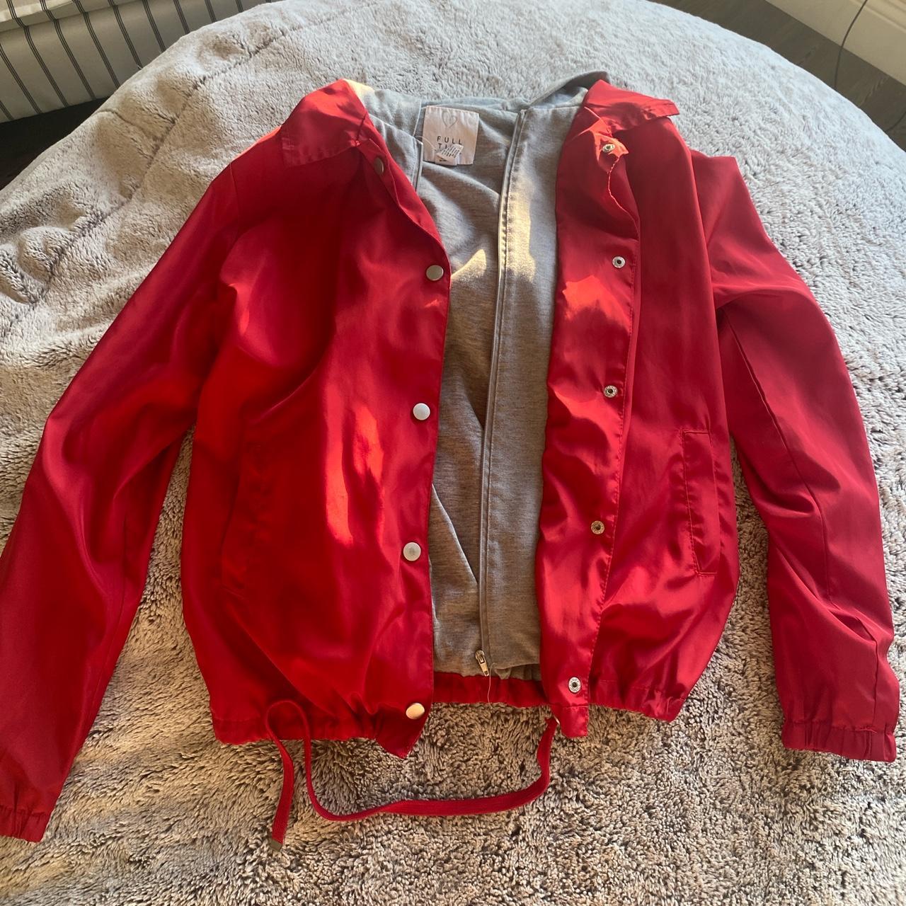 Red Windbreaker with grey hood-with drawstrings-Size M- - Depop