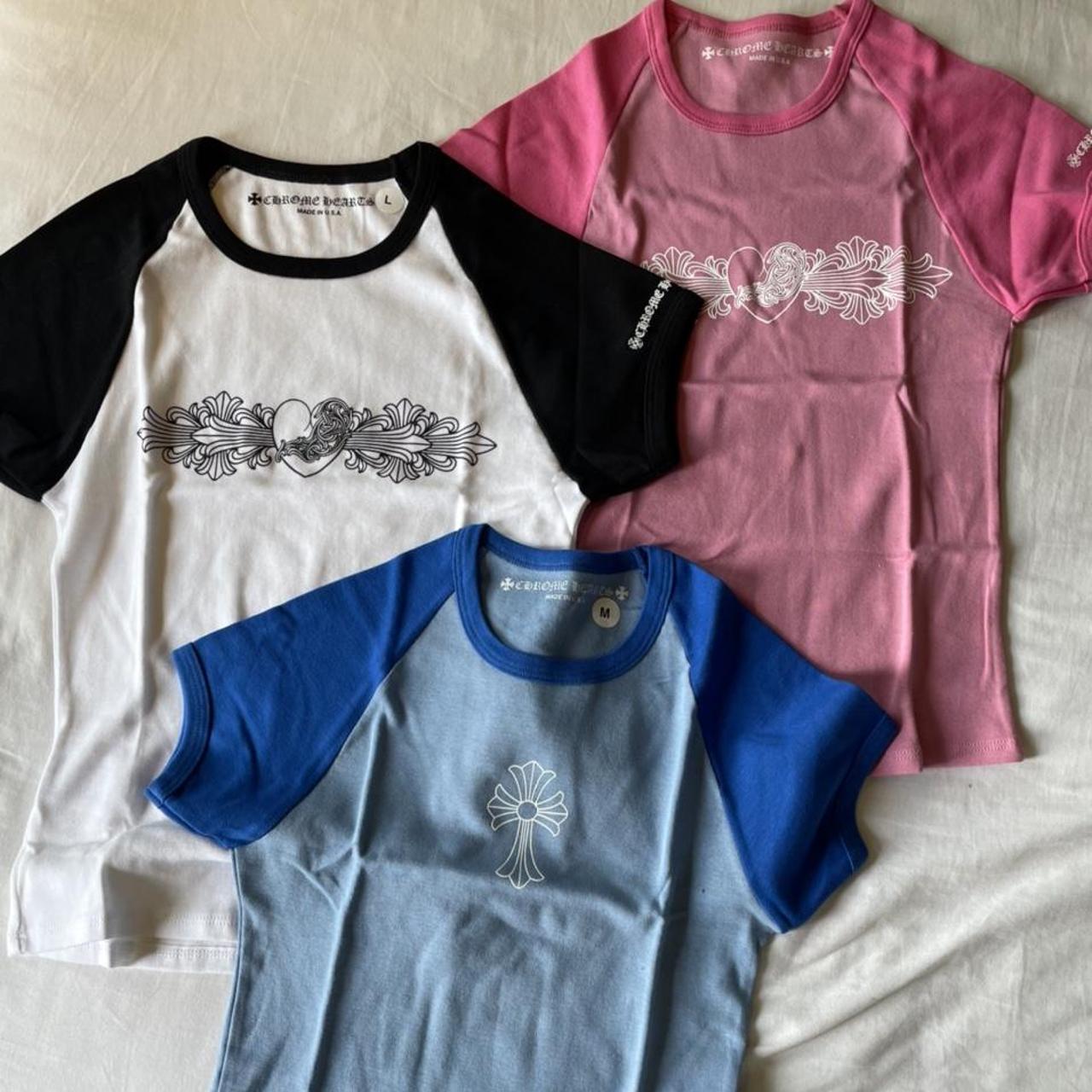 Chrome Hearts Women's Pink and White Crop-top | Depop