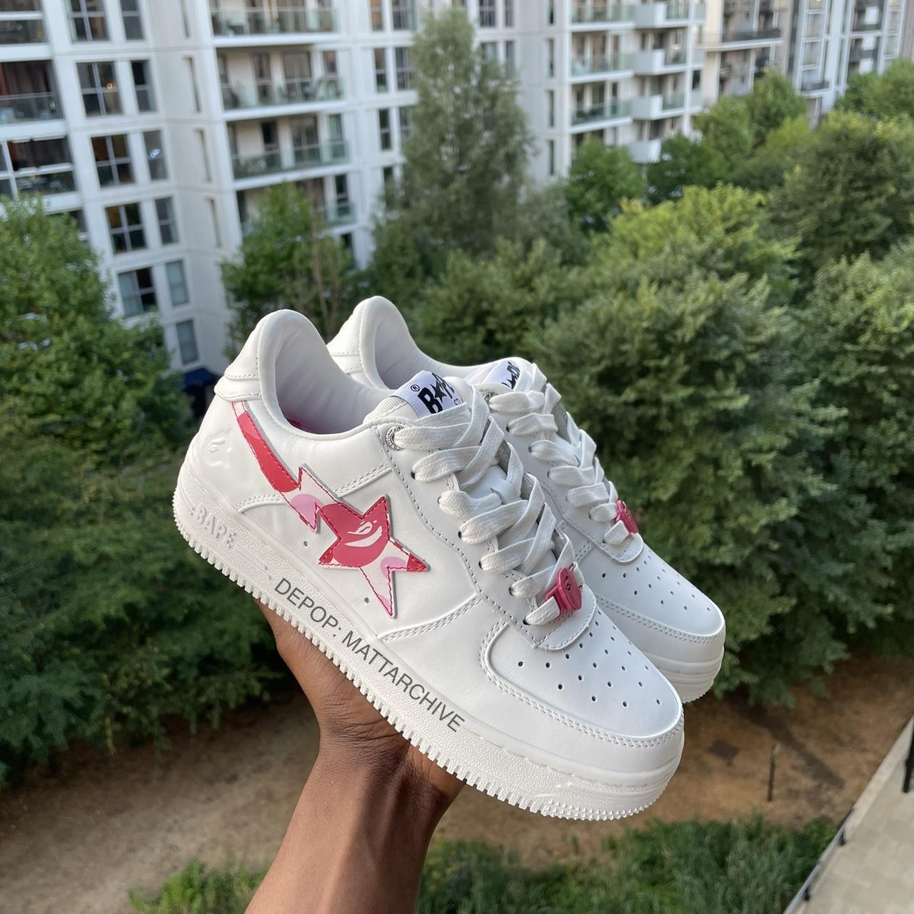 A bathing ape bape sta White and pink Leather Uk4.5... - Depop