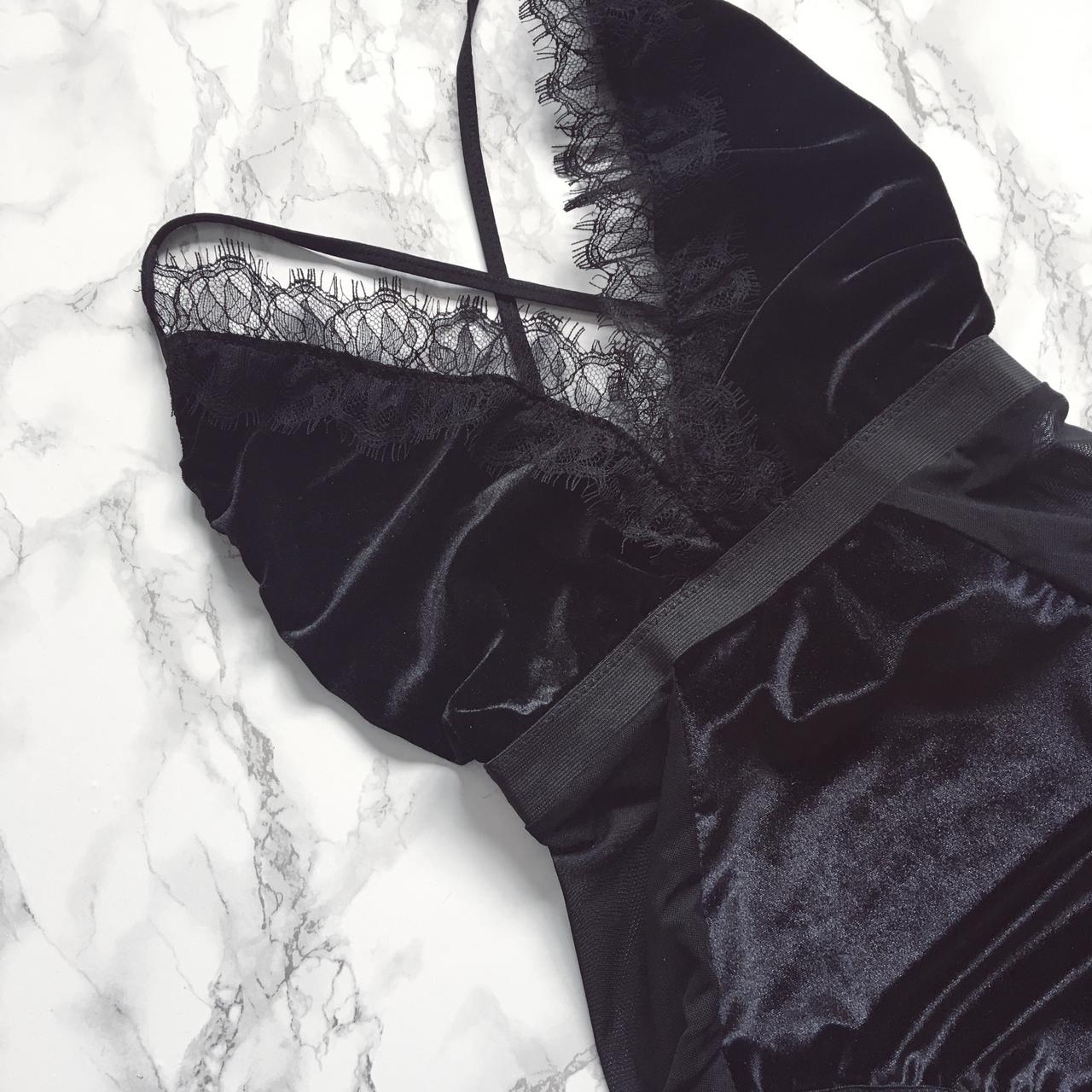 Handmade black velvet bodysuit with eyelash lace... - Depop