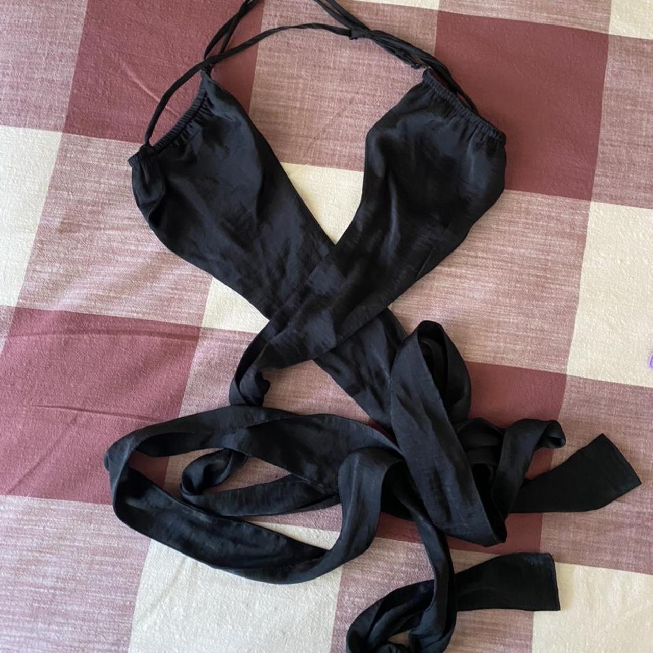 black satin tie up top- worn twice- would fit 6-8... - Depop