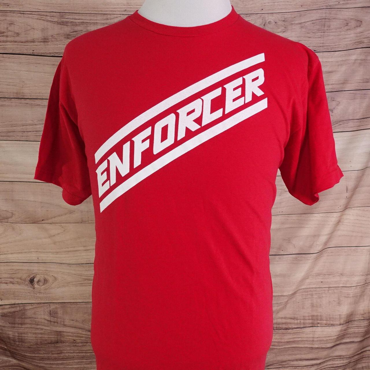 ENFORCER SPELL OUT LOGO PLUS MINUS HOCKEY RED SHORT... - Depop