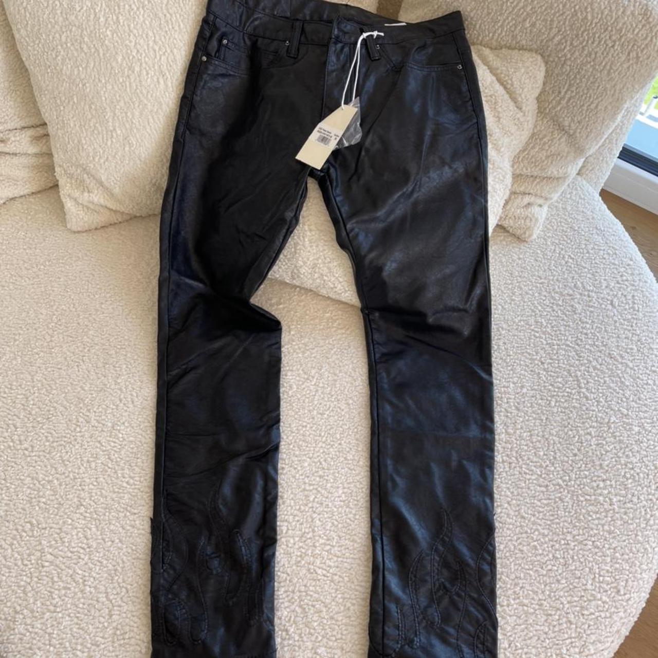 Mnml vegan leather pants with fire stitching Size... - Depop