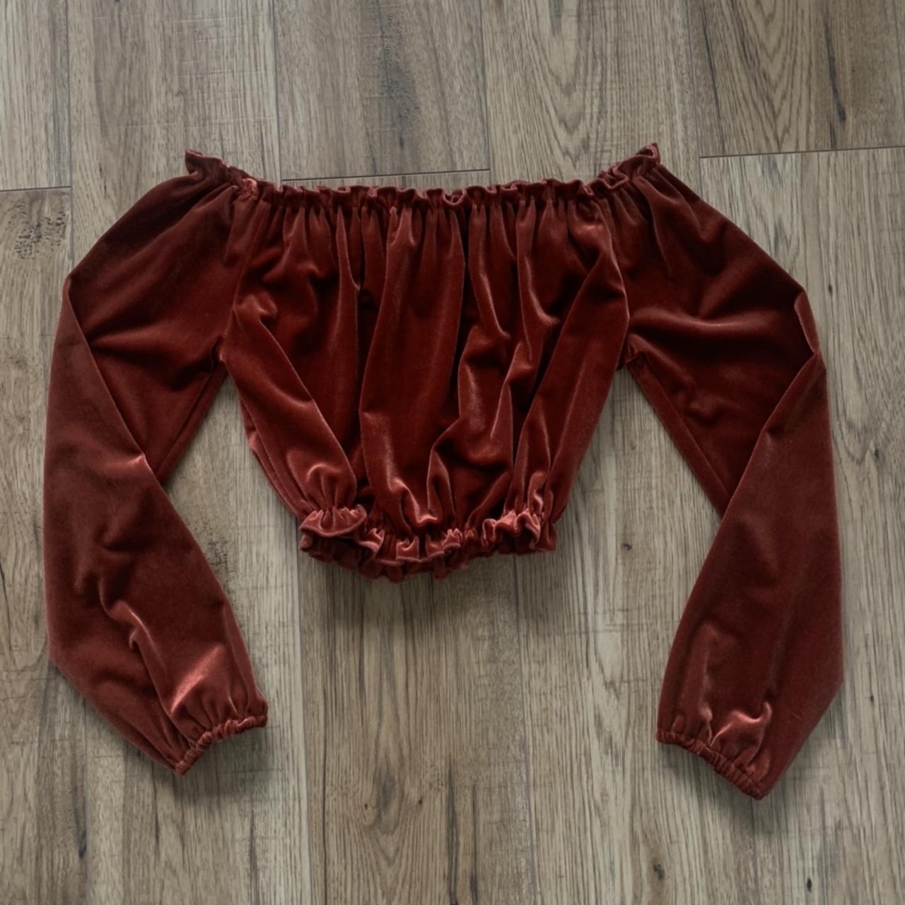 Rust / burnt orange bandeau velvet long sleeve top... - Depop