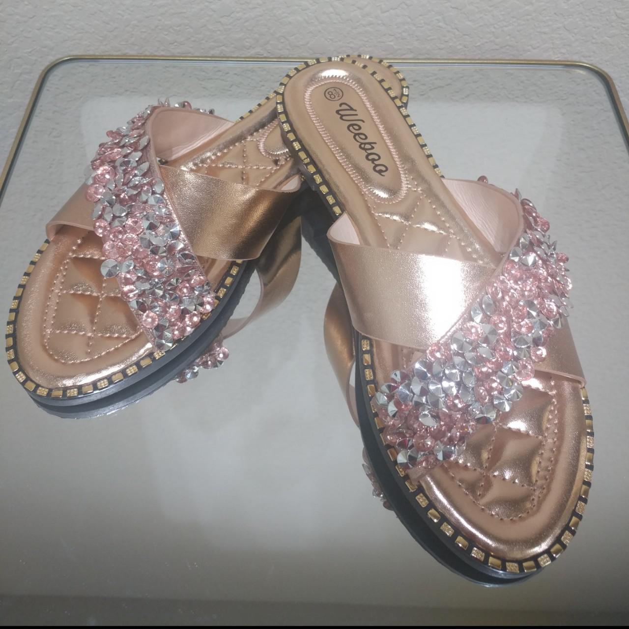 **NEW** Rose Gold Slides w/ Rhinestones Cushioned... - Depop