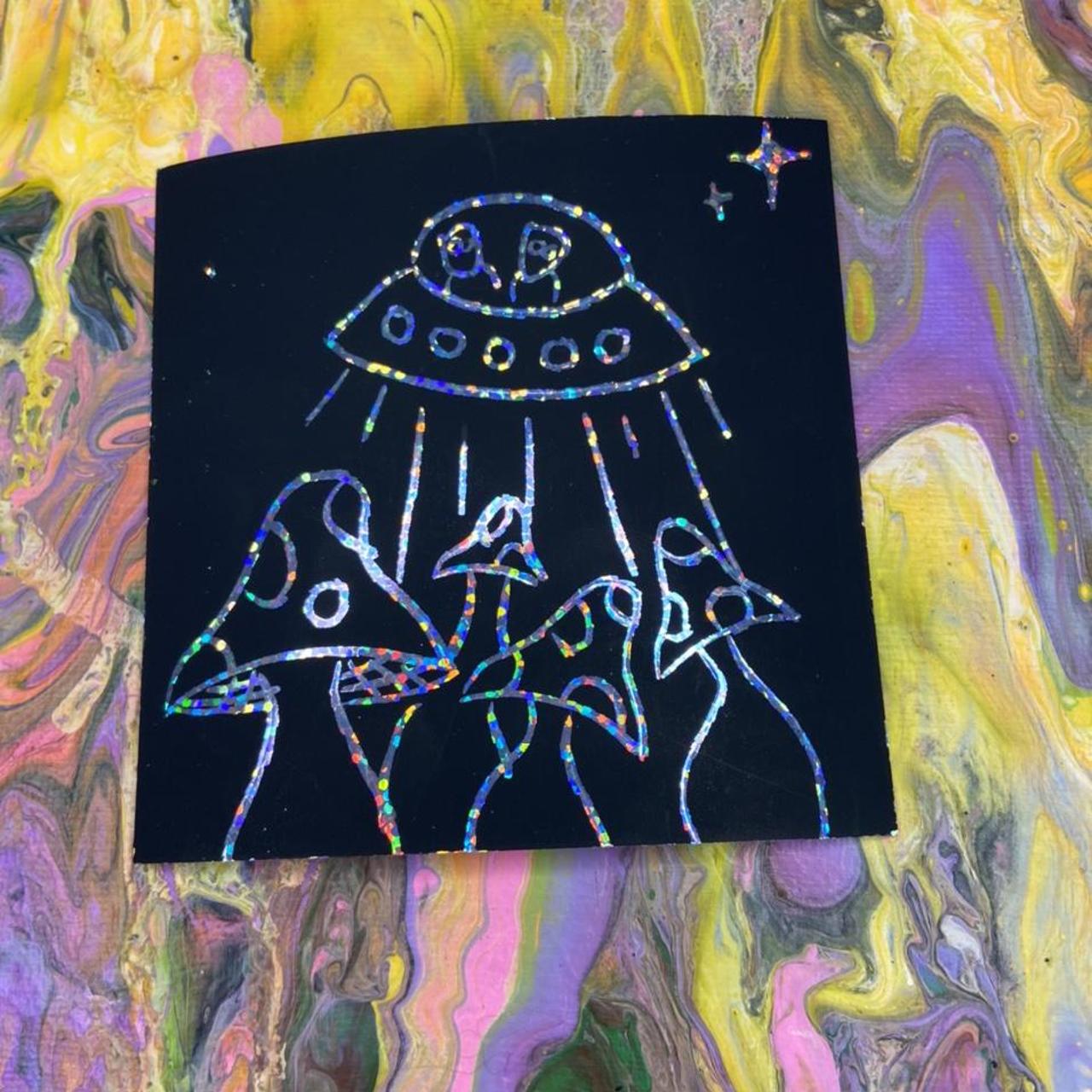 Psychedelic holographic mushroom aliens scratch art... - Depop