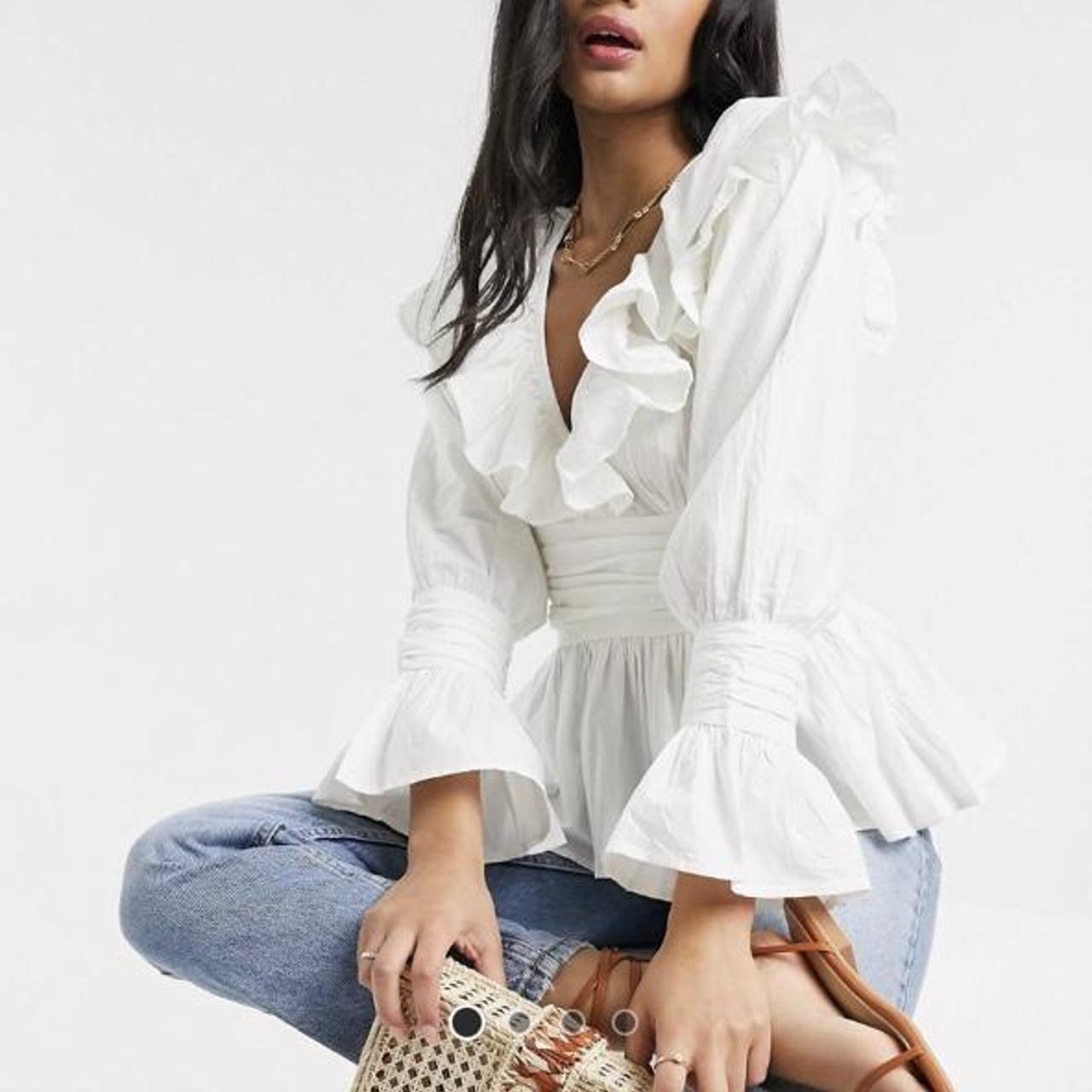 Asos v neck top with ruffle with rushed fitted... | Depop