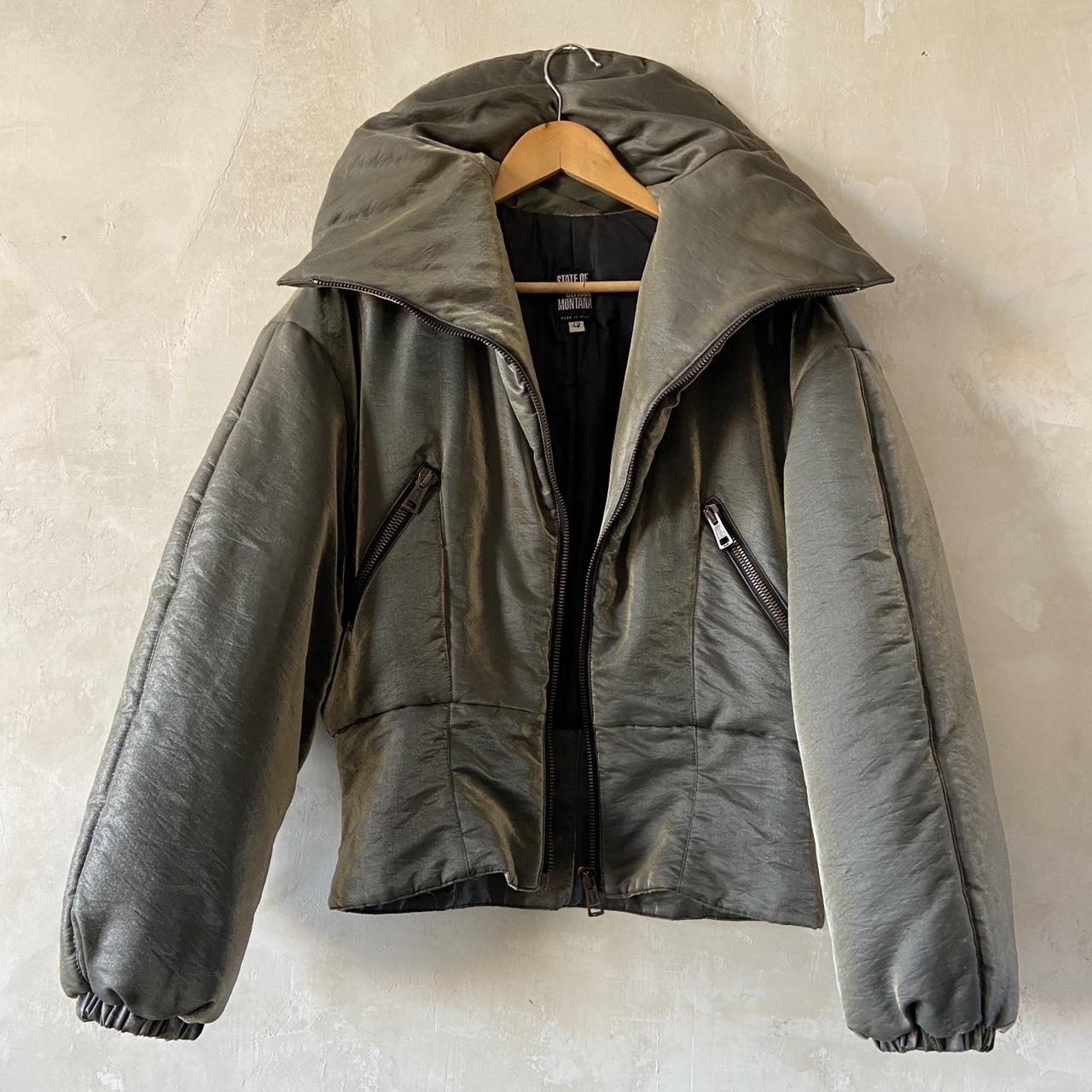 Amazing 90's high neck, jacket. Metallic green with... - Depop