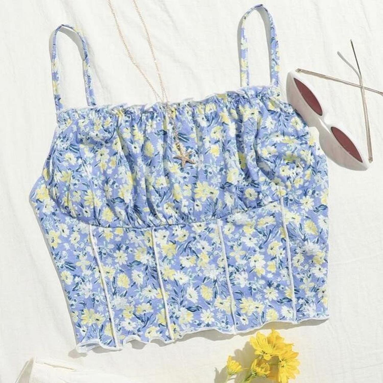 Ditsy Floral Lettuce Trim Cami Top Summer Blue Depop